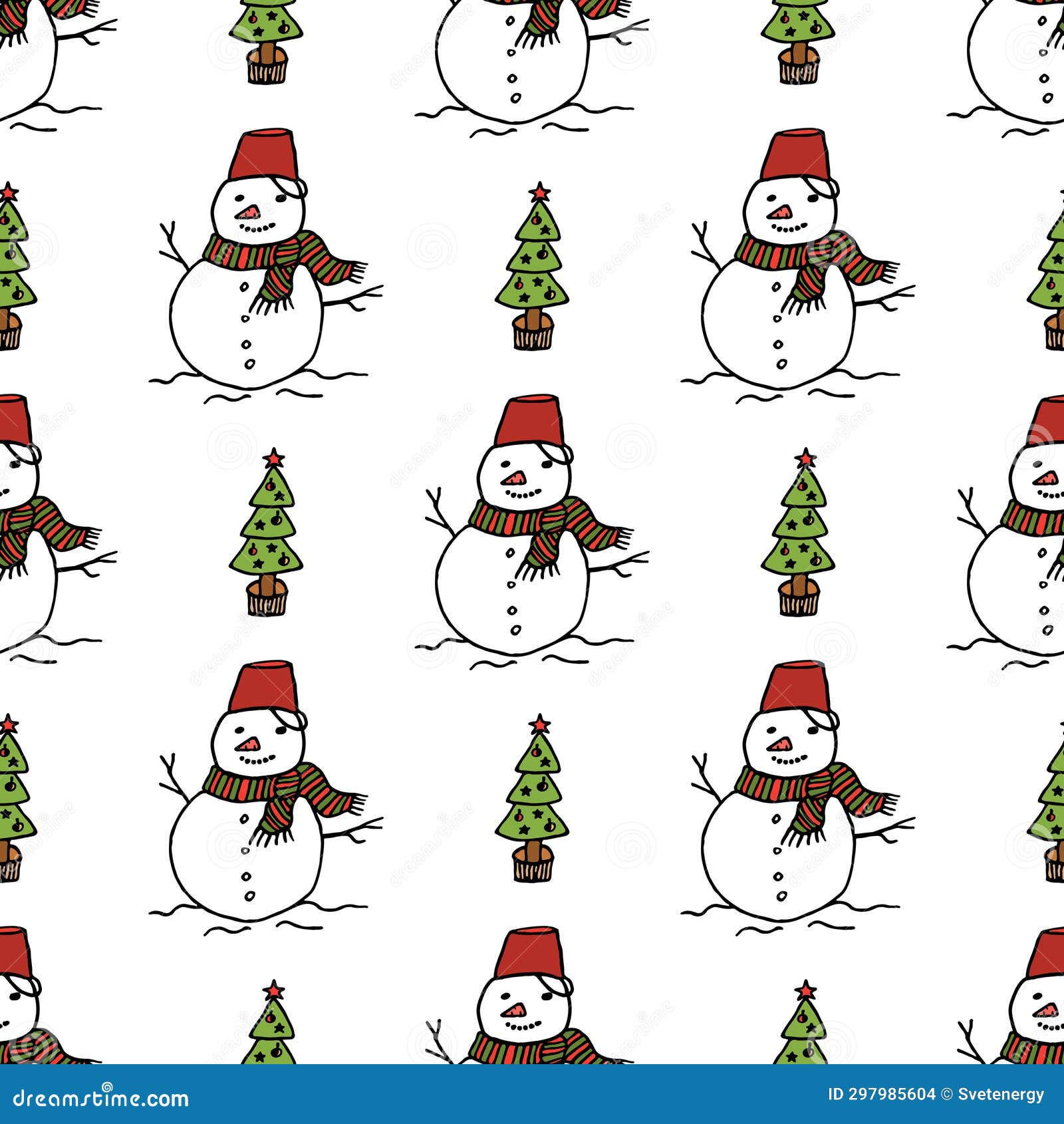 Seamless Pattern with Cute Snowman and Christmas Tree. Stock Vector ...