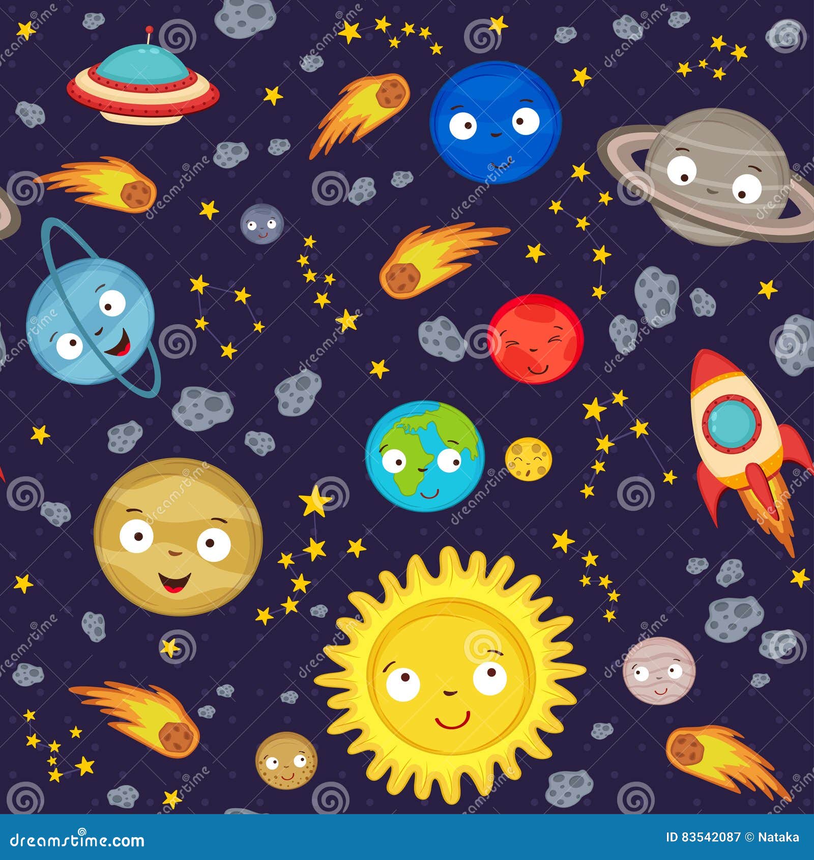 Cute Solar System. Sun And Planets Characters In Cartoon Style With ...