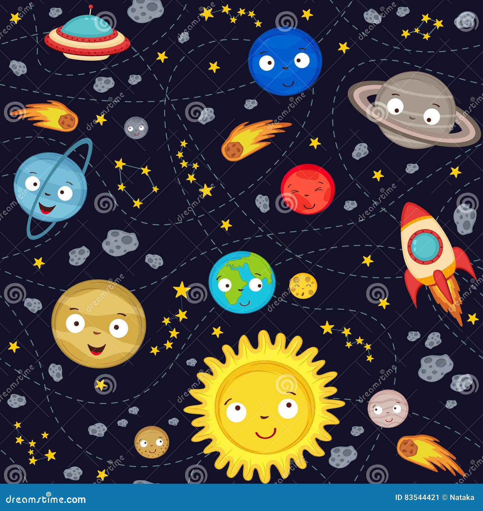 Cute Solar System. Sun And Planets Characters In Cartoon Style With ...