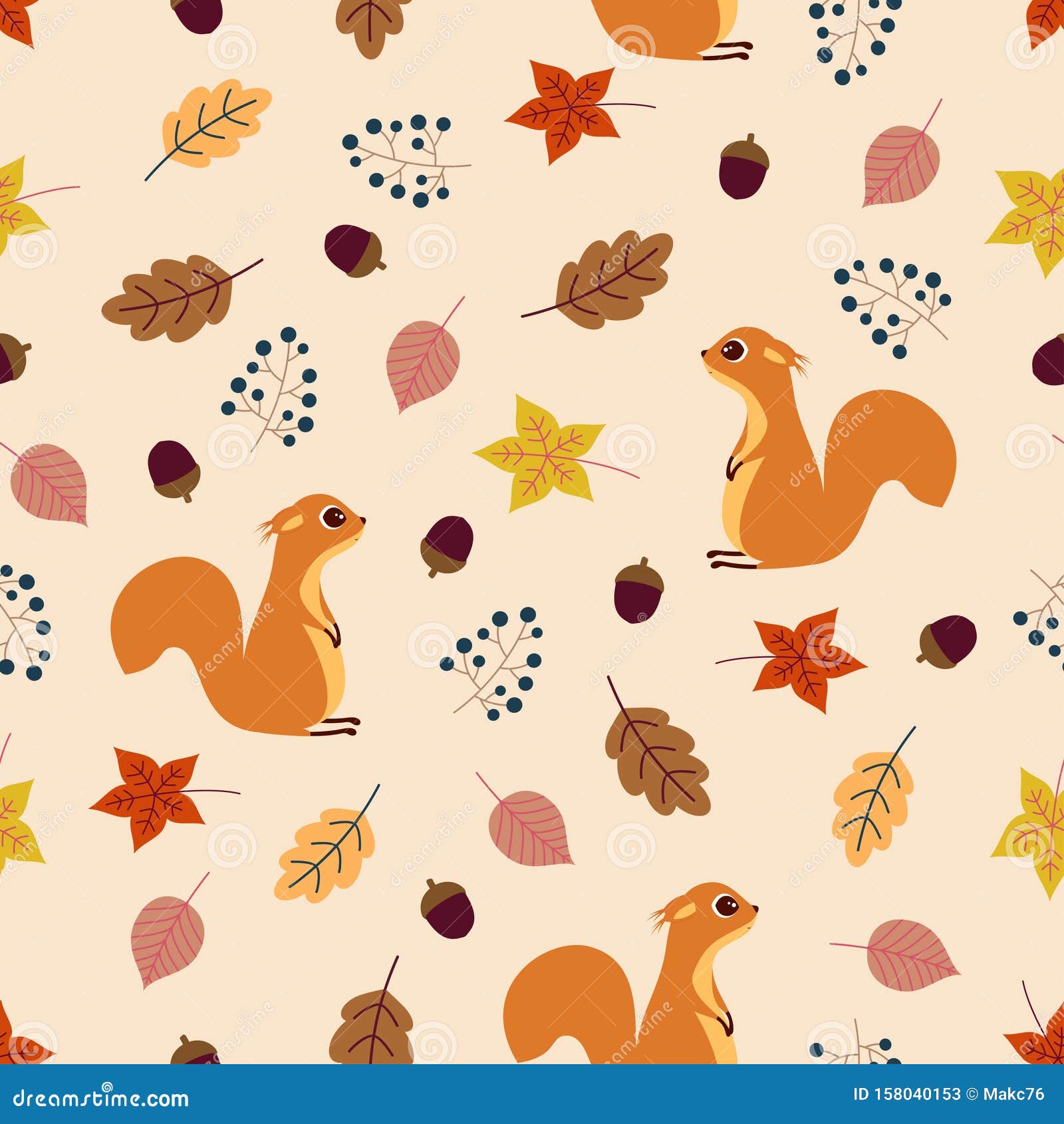 Seamless Pattern with Squirrel and Leaves Stock Vector - Illustration of design, vector: 158040153