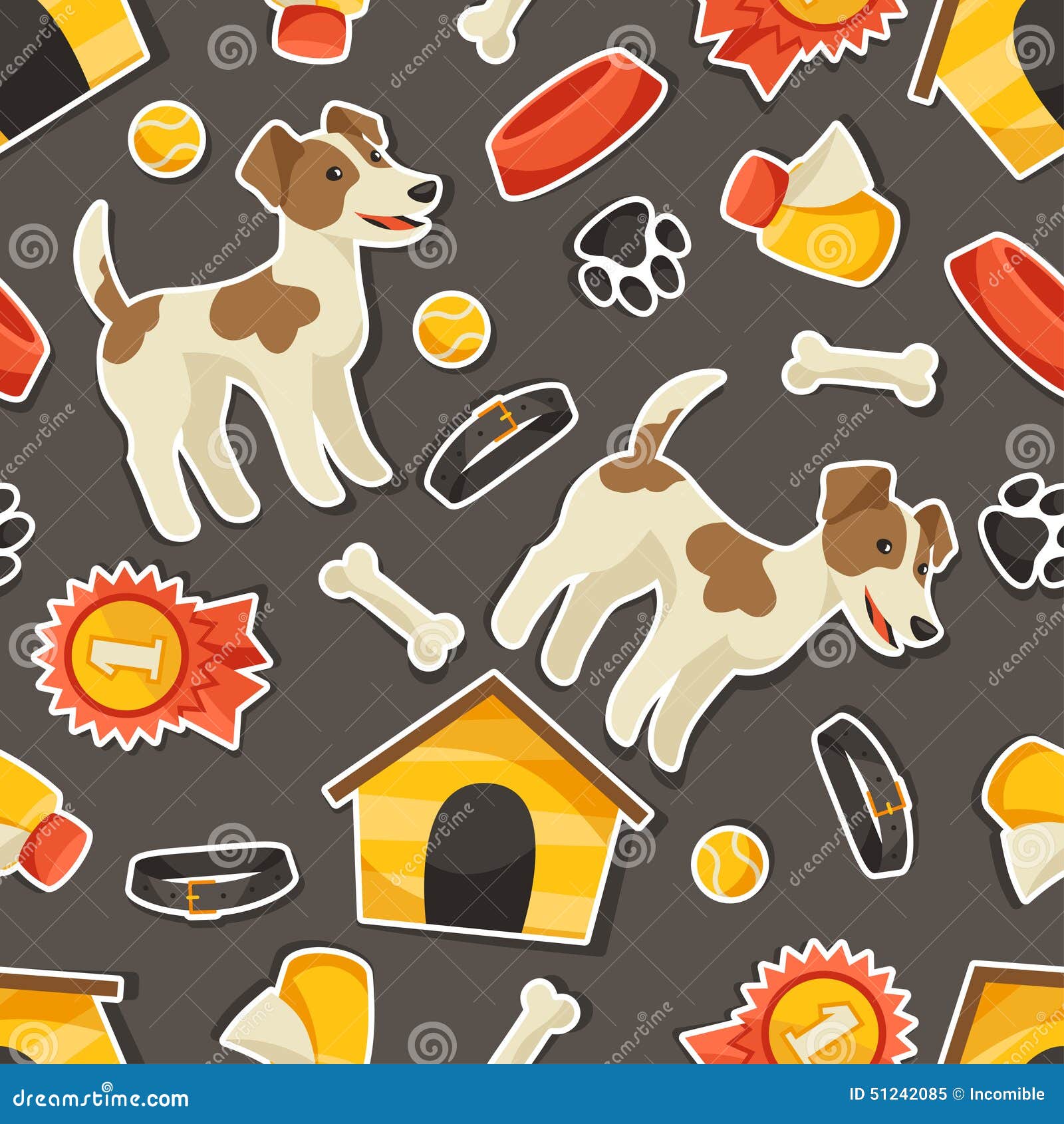 Seamless Pattern with Cute Sticker Dogs, Icons and Stock Vector ...