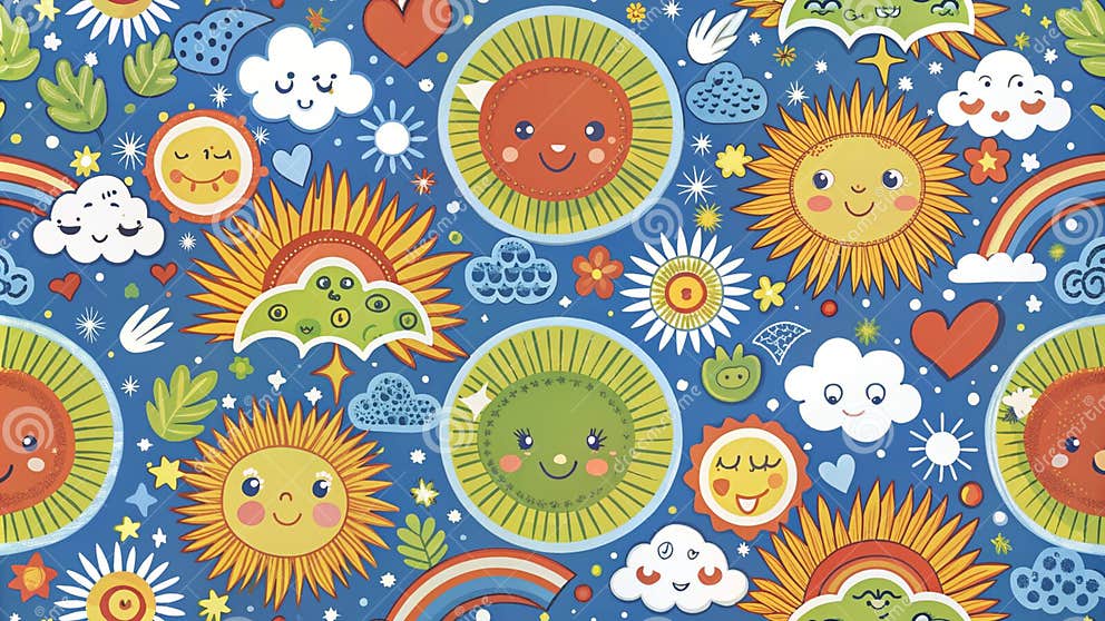 Seamless Pattern with Cute Sun and Clouds on Blue Background Stock ...