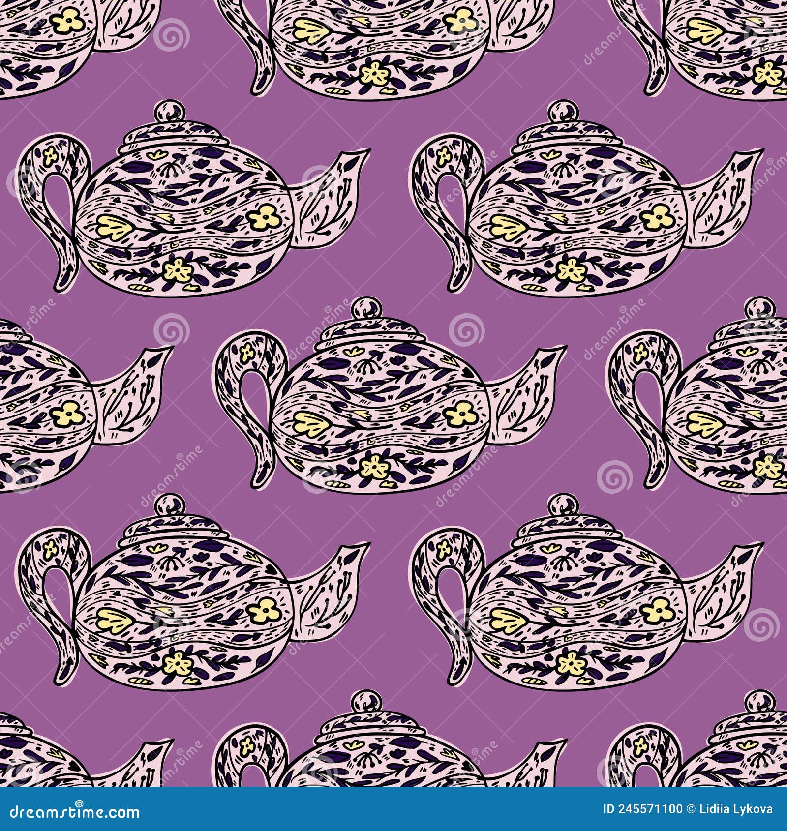 Seamless Pattern with Cute Teapots. Background of Doodle Kettle Decorative Ceramic Stock ...