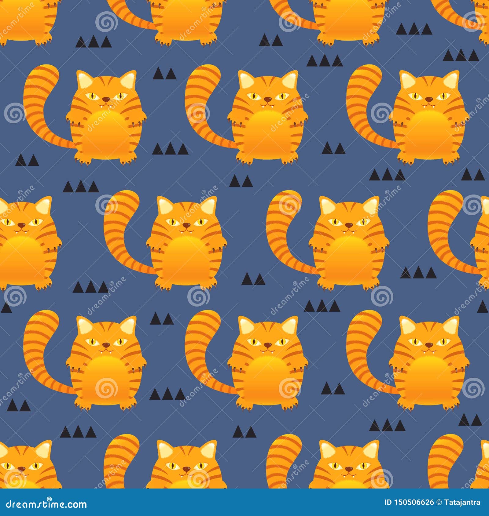 Seamless Pattern Cute Tiger Stripes Cat on Blue Background, Kid Design ...