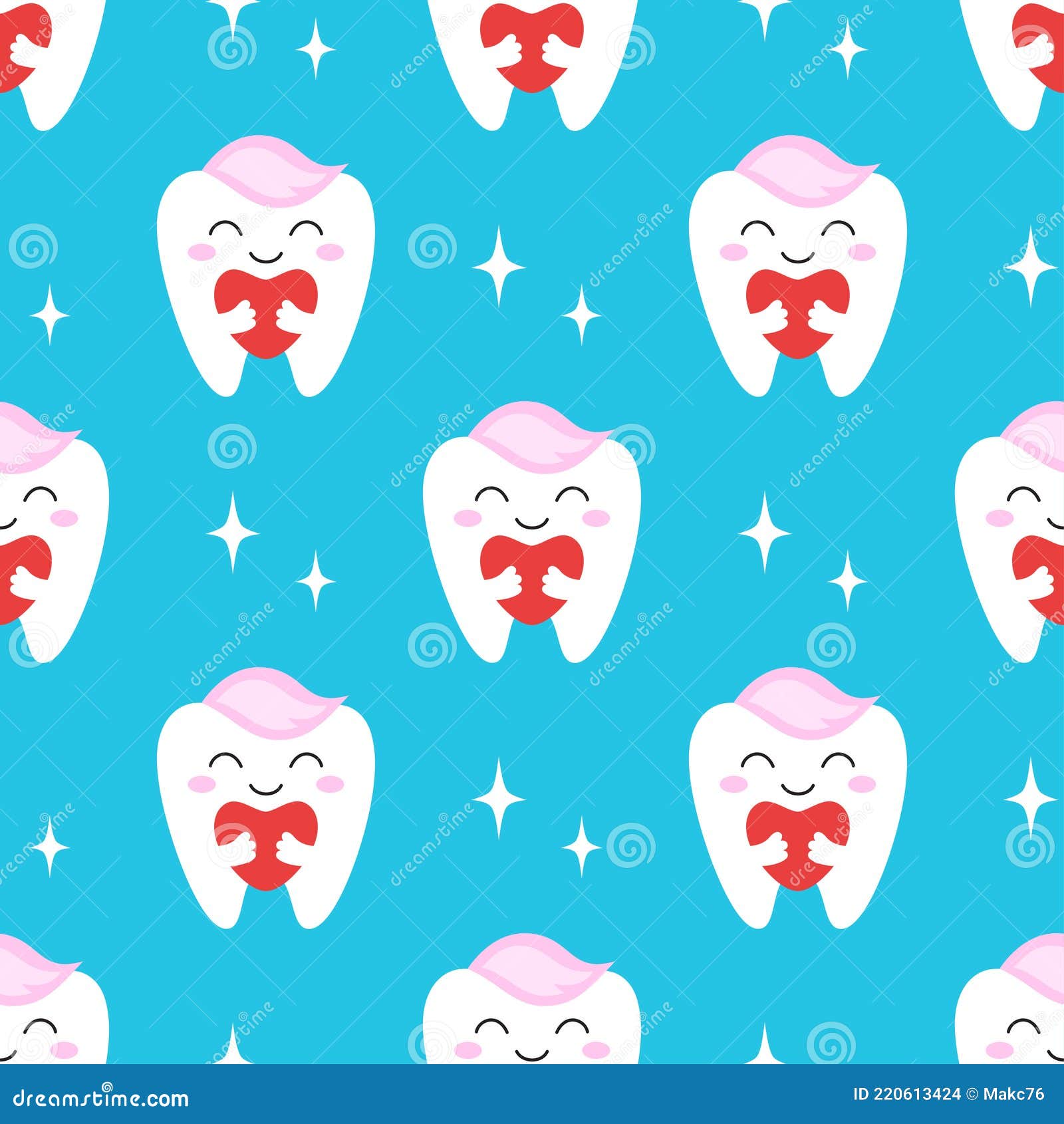 Seamless Pattern with Cute Tooth and Heart Stock Vector - Illustration ...