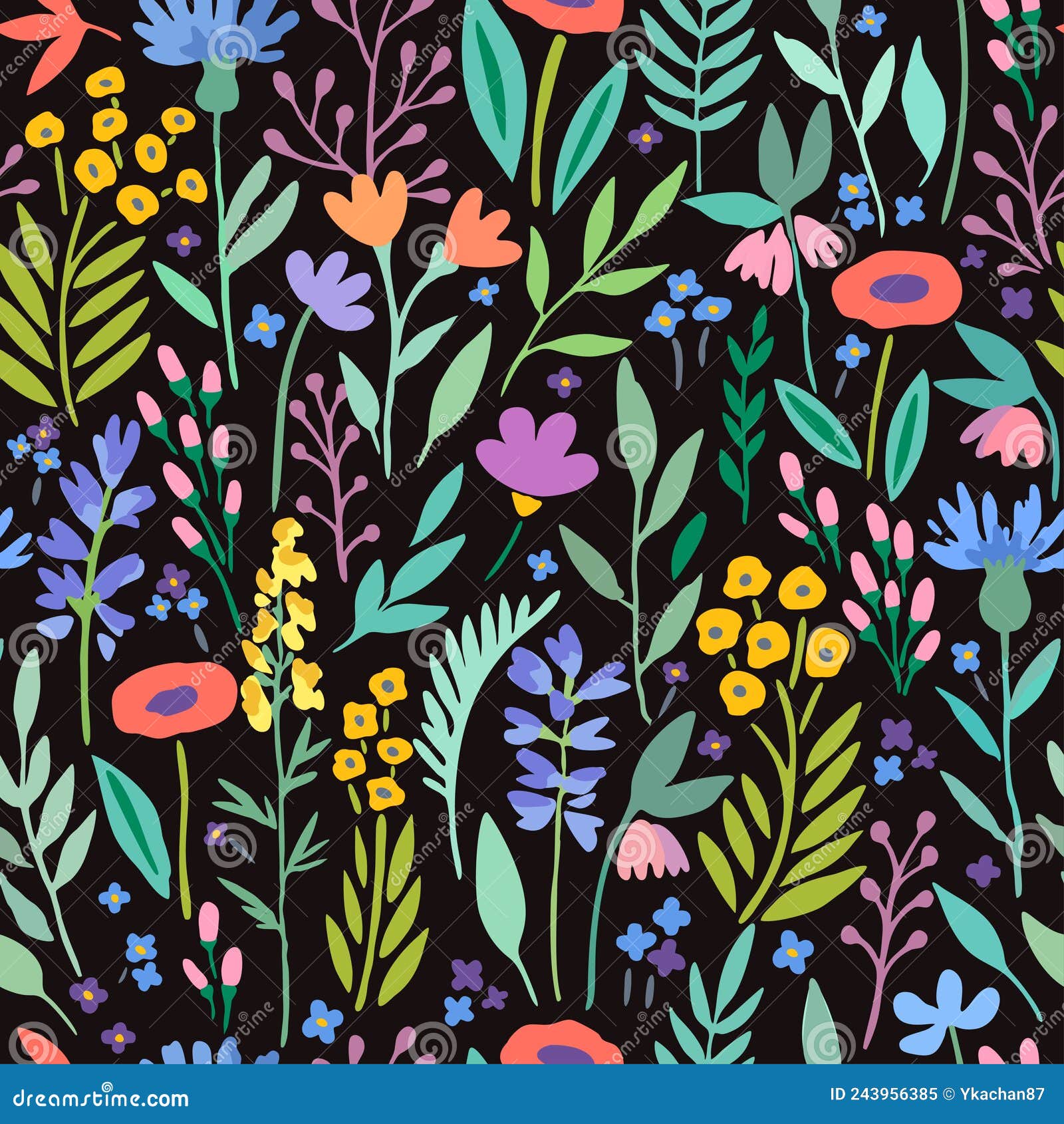 Seamless Pattern with Cute Trendy Flowers and Plant Elements for Design ...