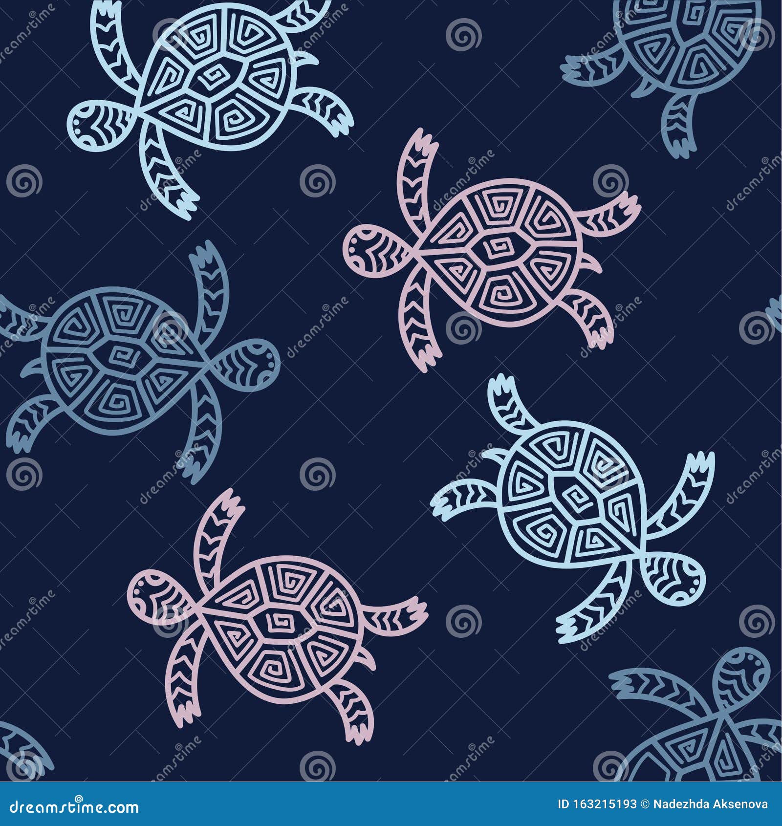 Seamless Pattern with Cute Turtles. Hand Drawn Vector Stock Vector ...