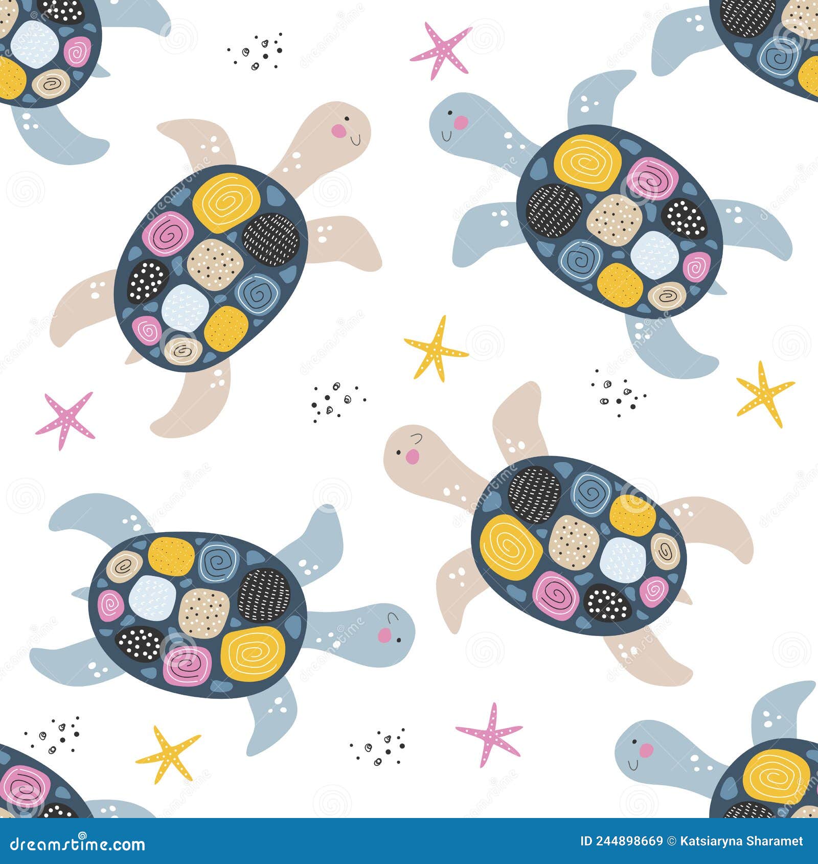 Seamless Pattern with Cute Turtles. Kids Print. Vector Hand Drawn ...