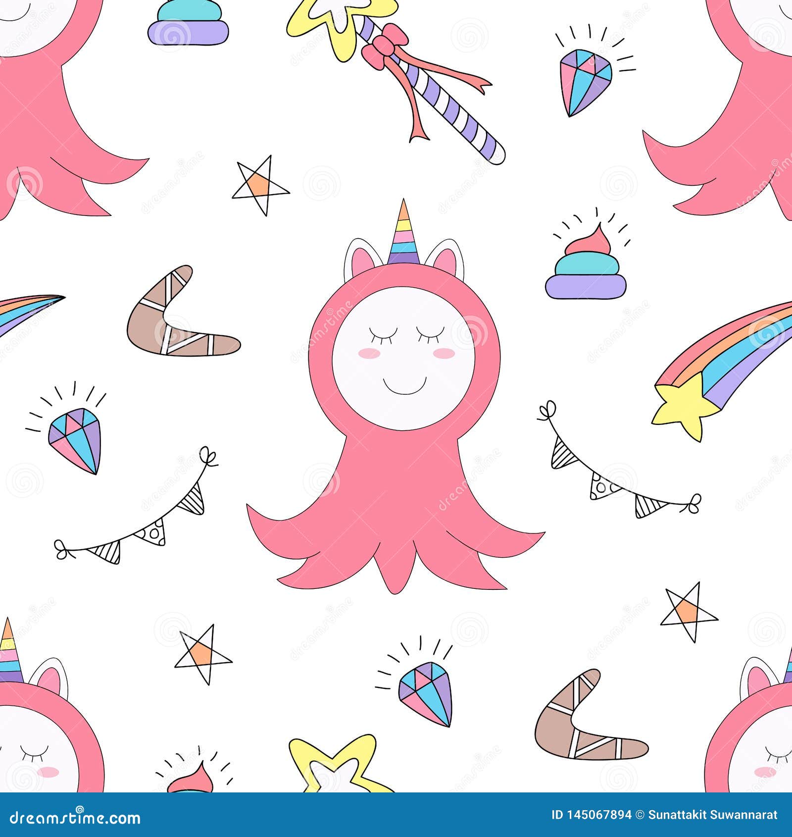 Seamless Pattern Cute Unicorn Cartoon Hand Drawn Style. Stock ...