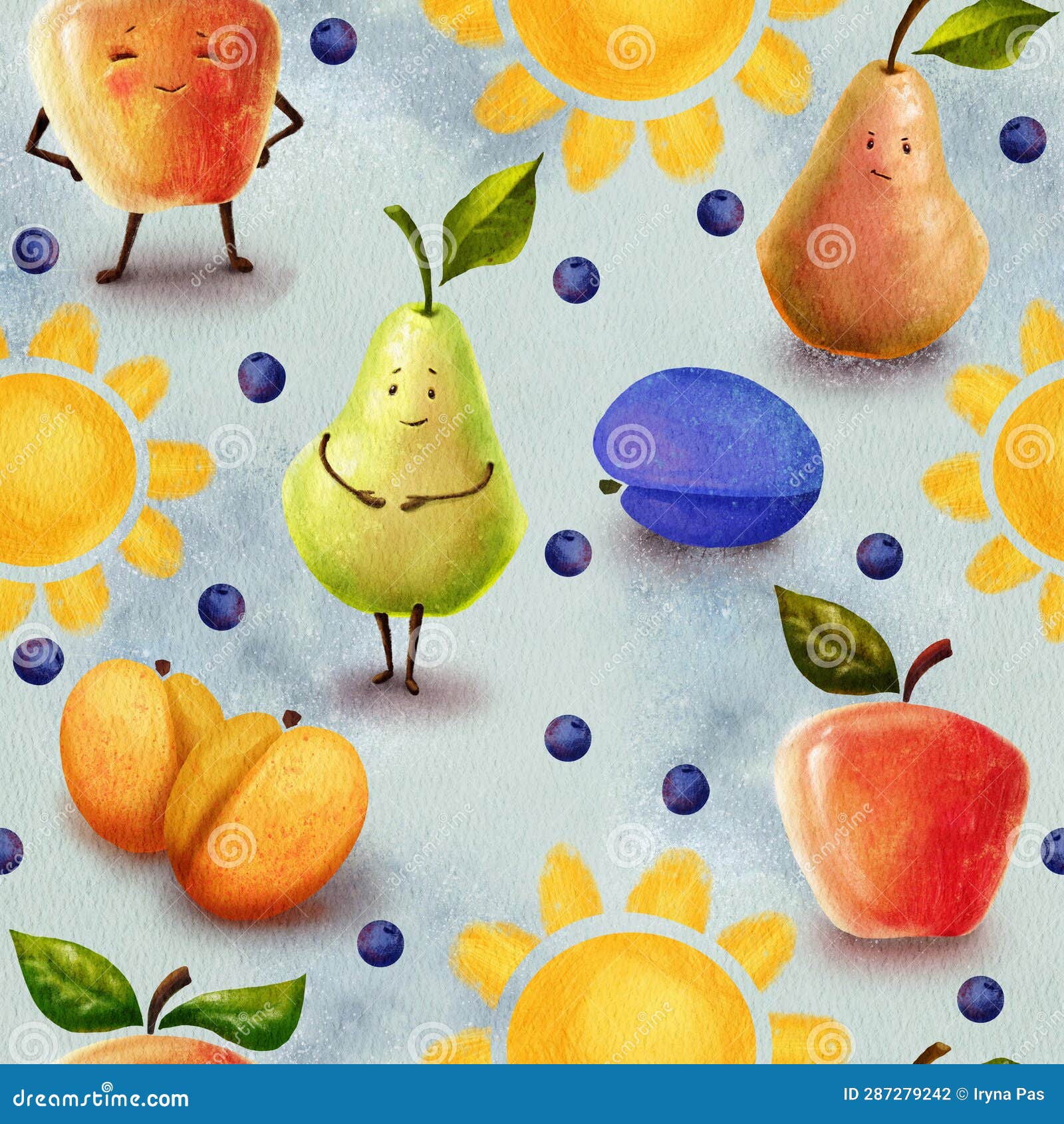 Seamless Pattern with Cute Watercolor Fruits Stock Illustration ...