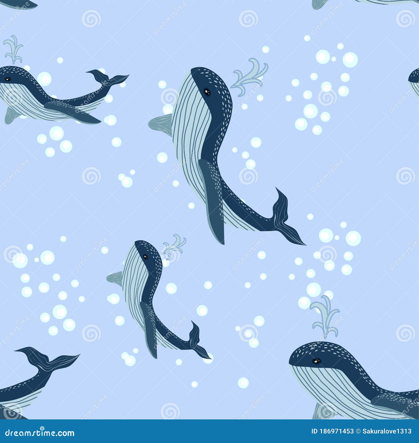 Seamless Pattern with Cute Whales in Cartoon Style Stock Illustration ...