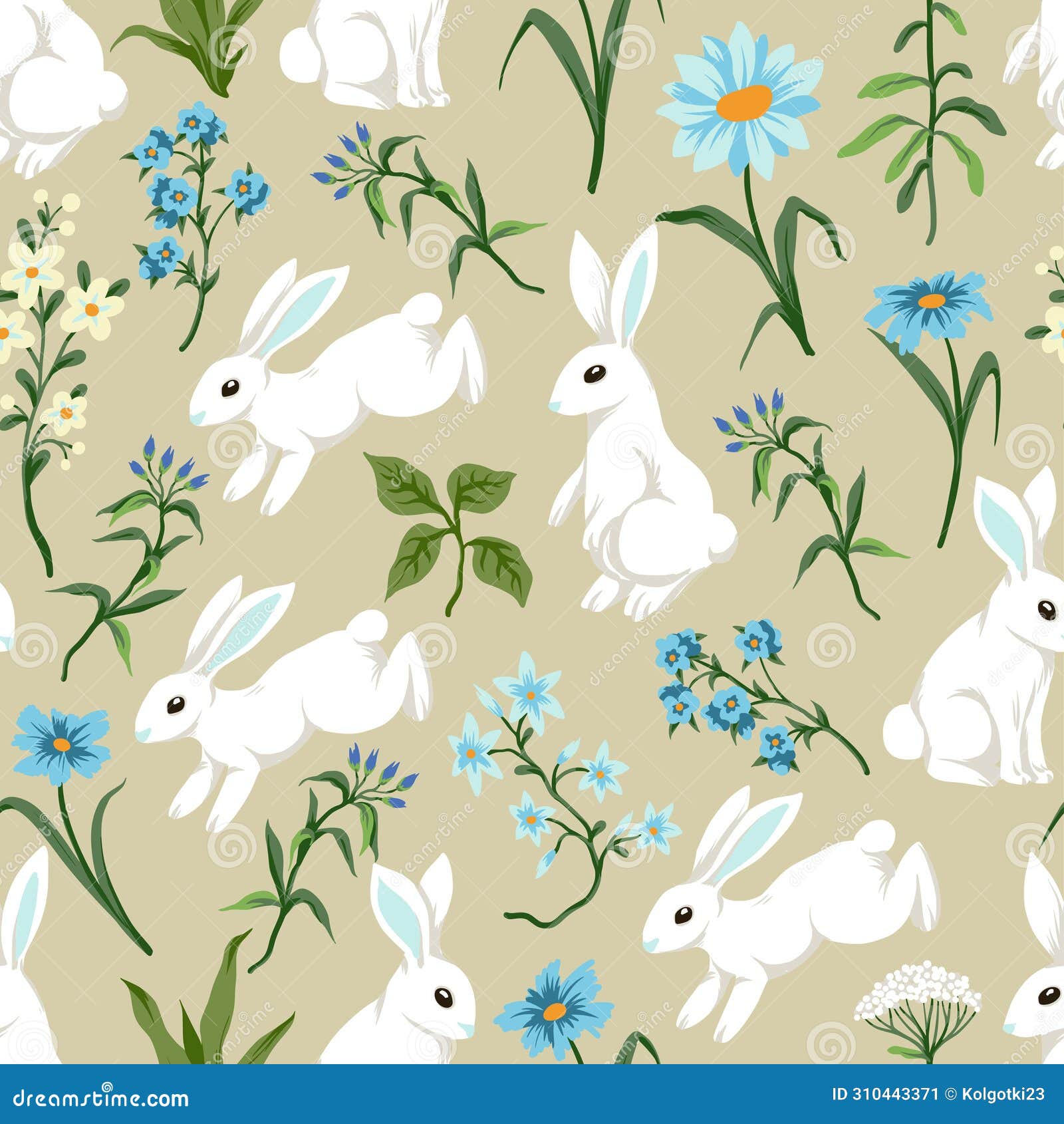 Seamless Pattern with Cute White Rabbits and Flowers. Vector. Stock ...