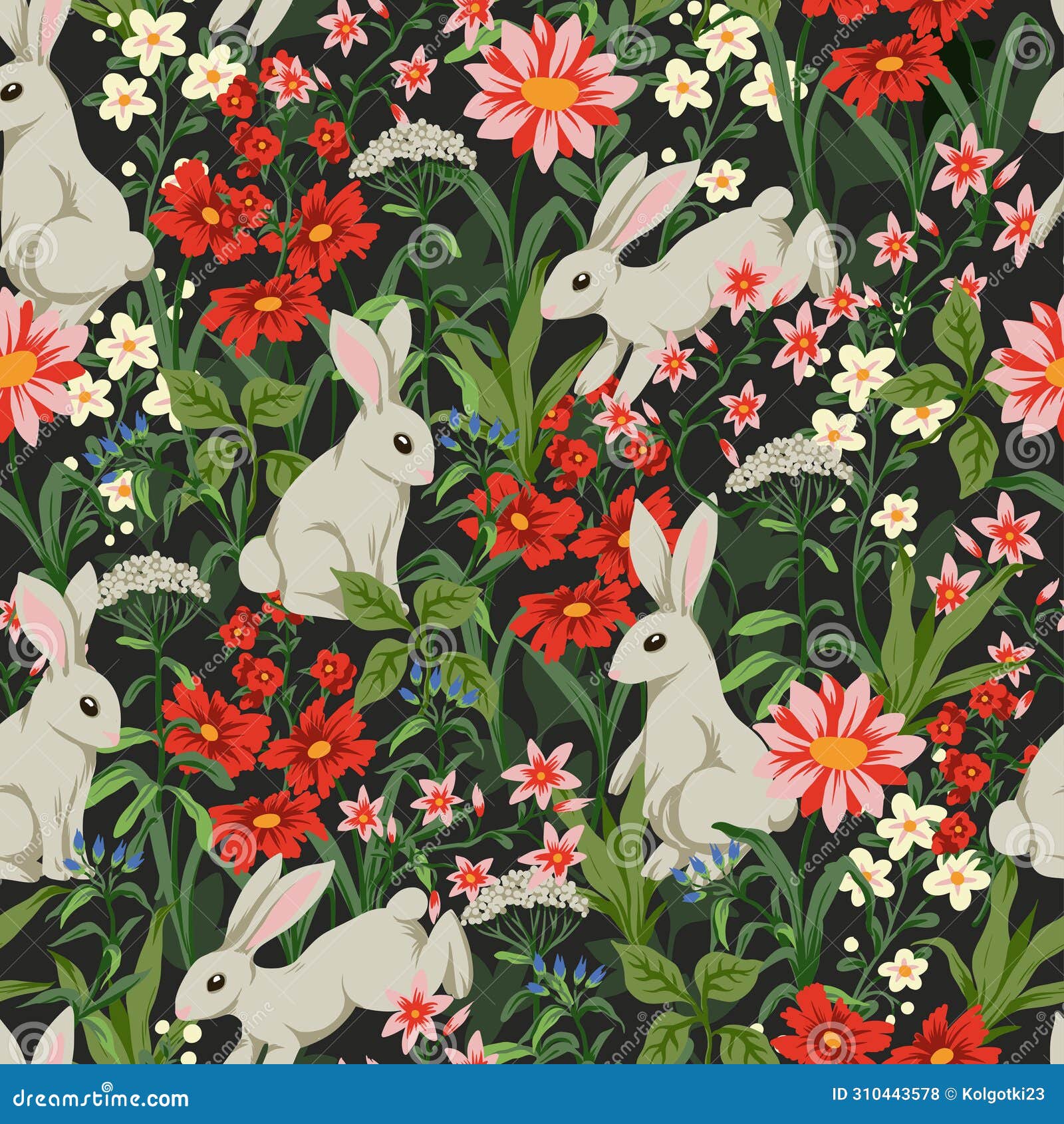 Seamless Pattern with Cute White Rabbits and Flowers. Vector. Stock ...