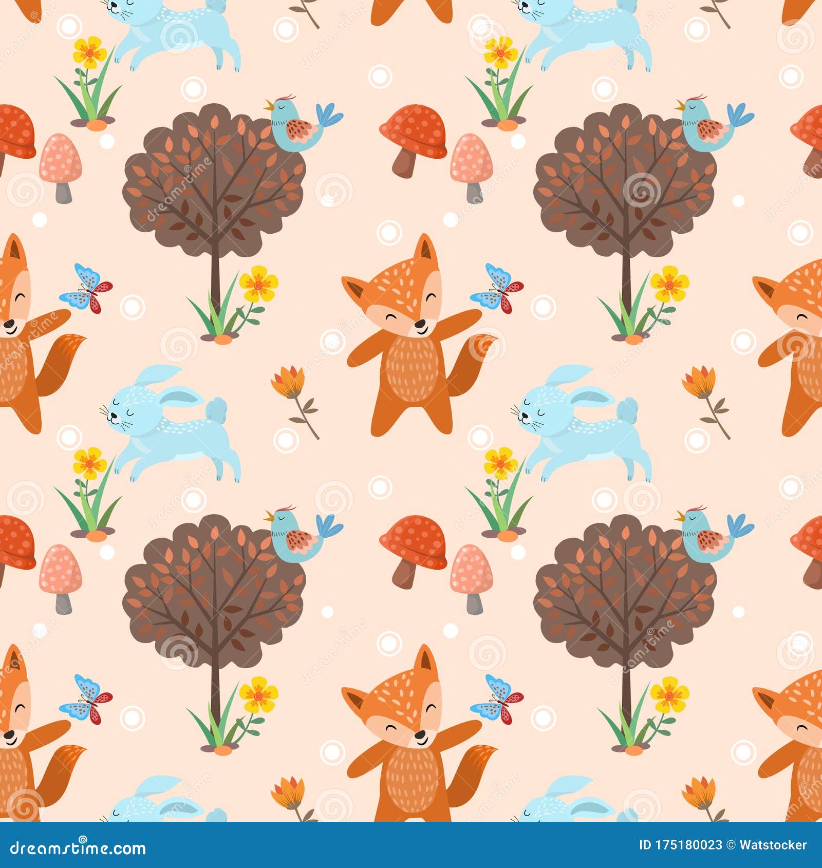 Seamless Pattern with Cute Wolf and Rabbit in Forest in Pastel Color ...