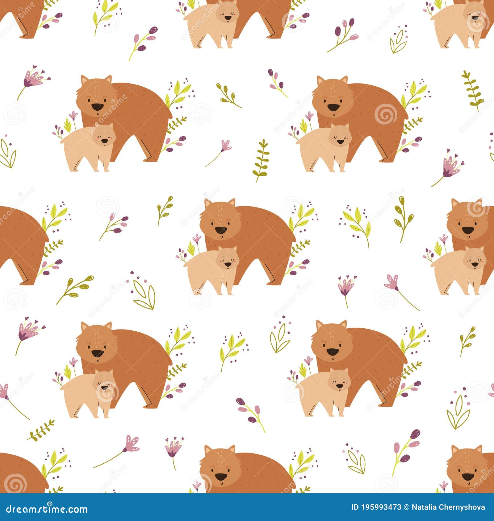 Seamless Pattern with Cute Wombat Families and Field Plants Stock ...