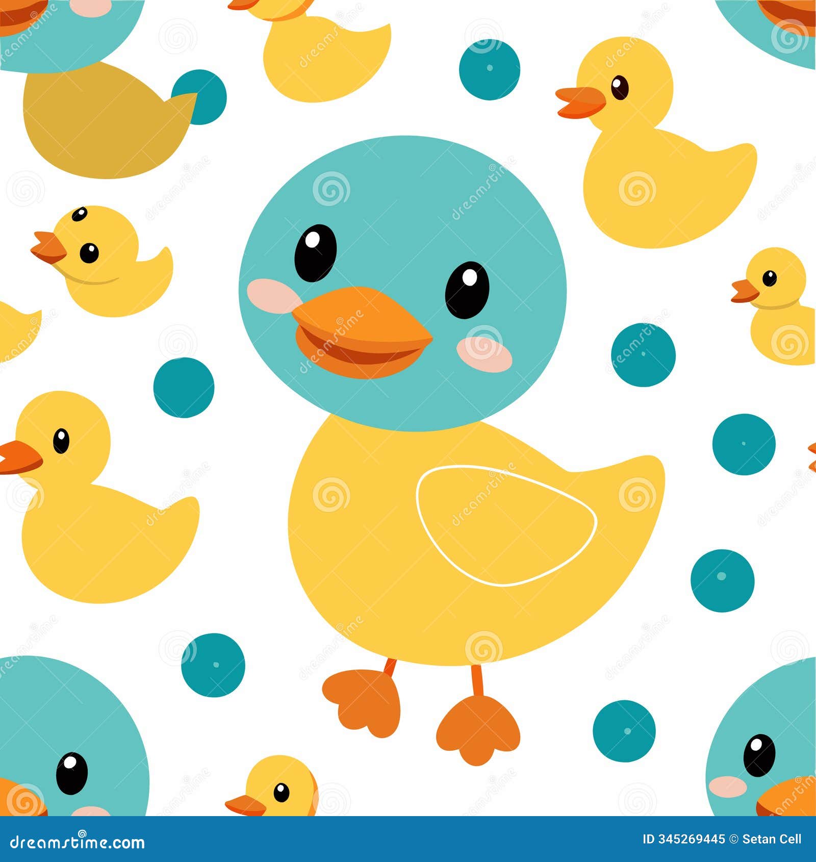 Seamless Pattern with Cute Yellow and Blue Ducks and Blue Dots on White ...