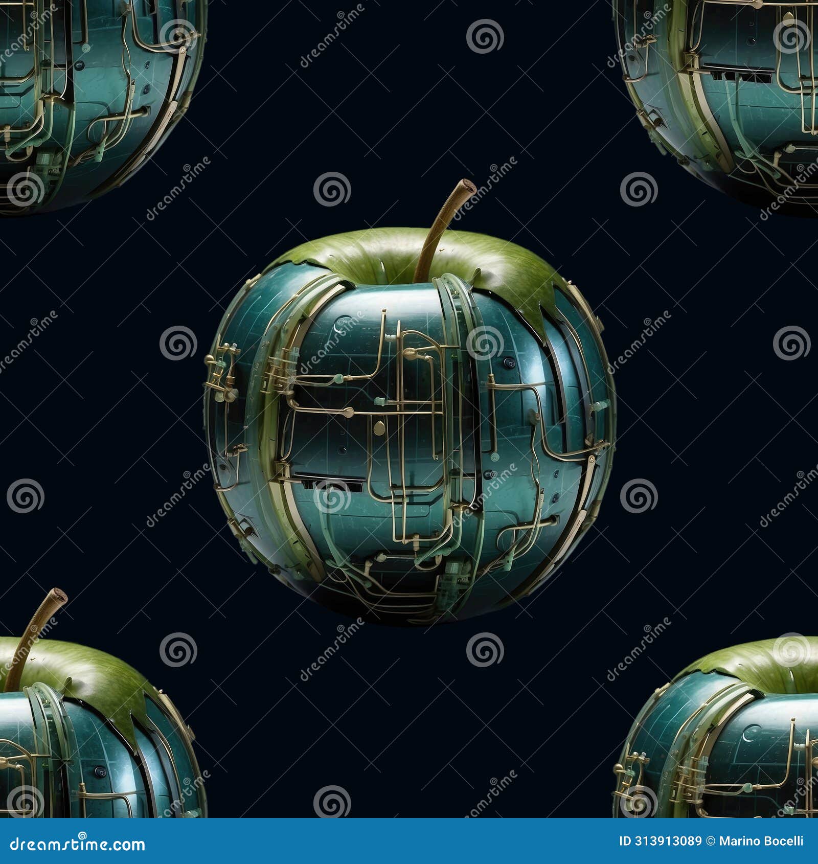 Seamless Pattern of a Cyber Apple with Electrical Connections on Dark ...