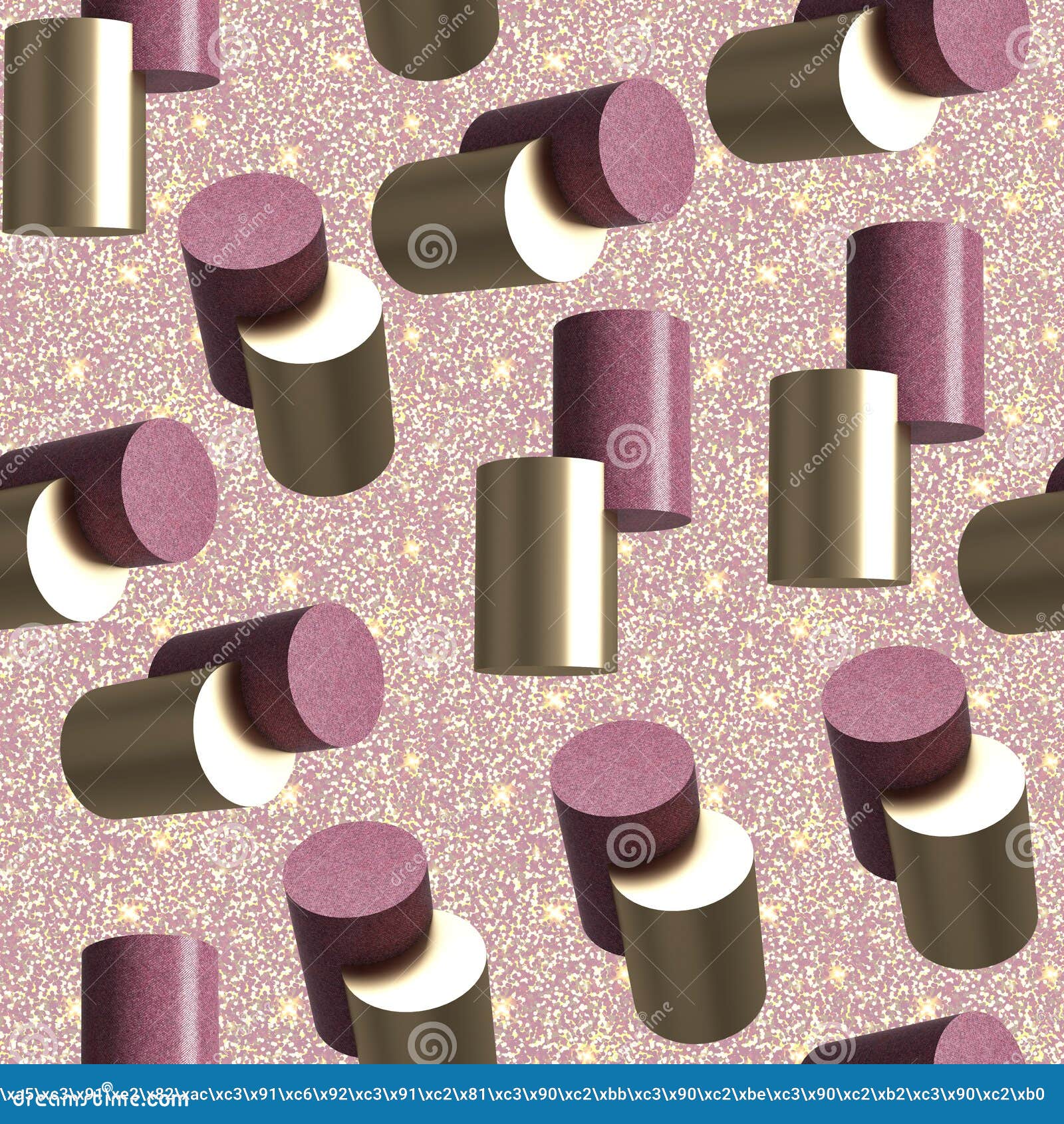Seamless Pattern 3d Shapes Cylinders Textures Pink Fabric Gold Metal ...