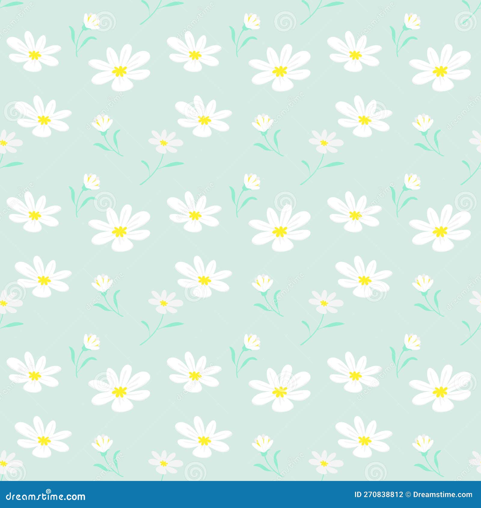 Seamless Pattern of Daisies on Pastel Green in Flat Style Stock Vector ...