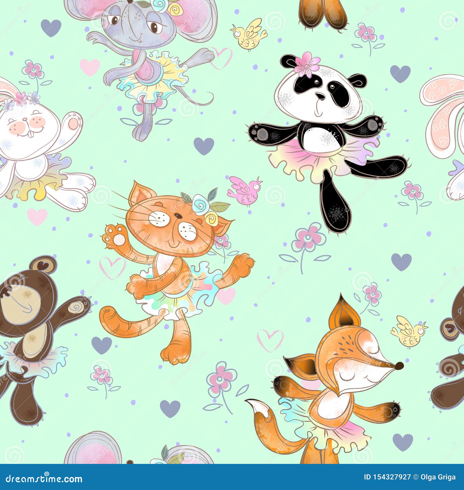 Seamless Pattern with Dancing Animals. Kitty Fox Mouse Bear and Bunny ...