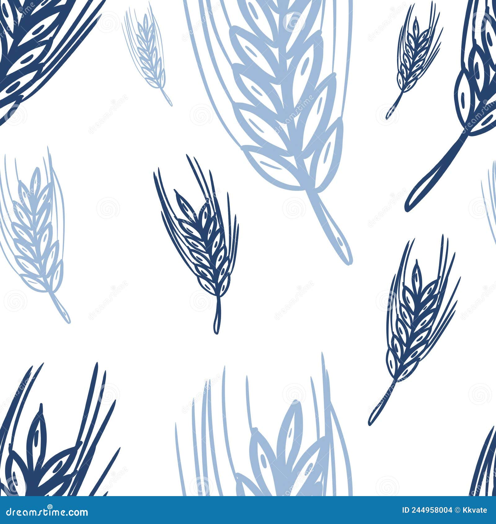 Seamless Pattern with Dark Blue and Light Blue Wheat Plants on White ...