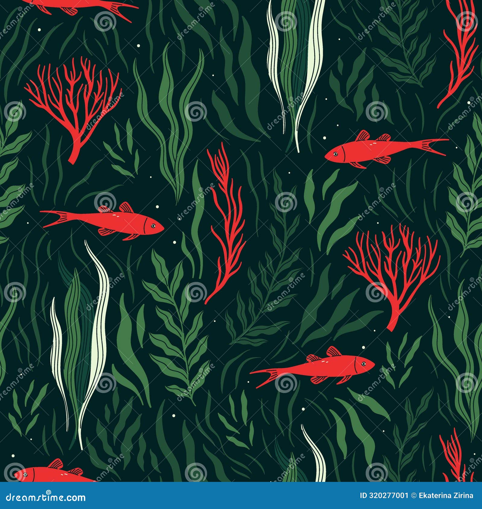 Seamless Pattern of Dark Green Algae and Red Fish. Vector Graphics ...