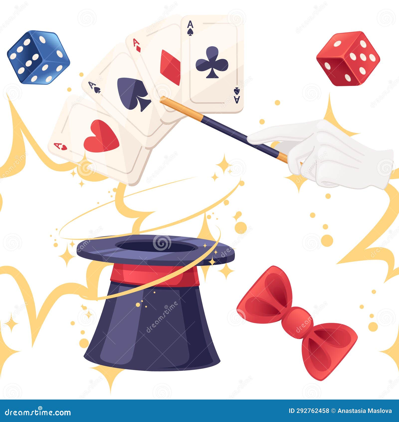 Seamless Pattern Dark Magic Hat with Playing Dice and Mask Vector ...