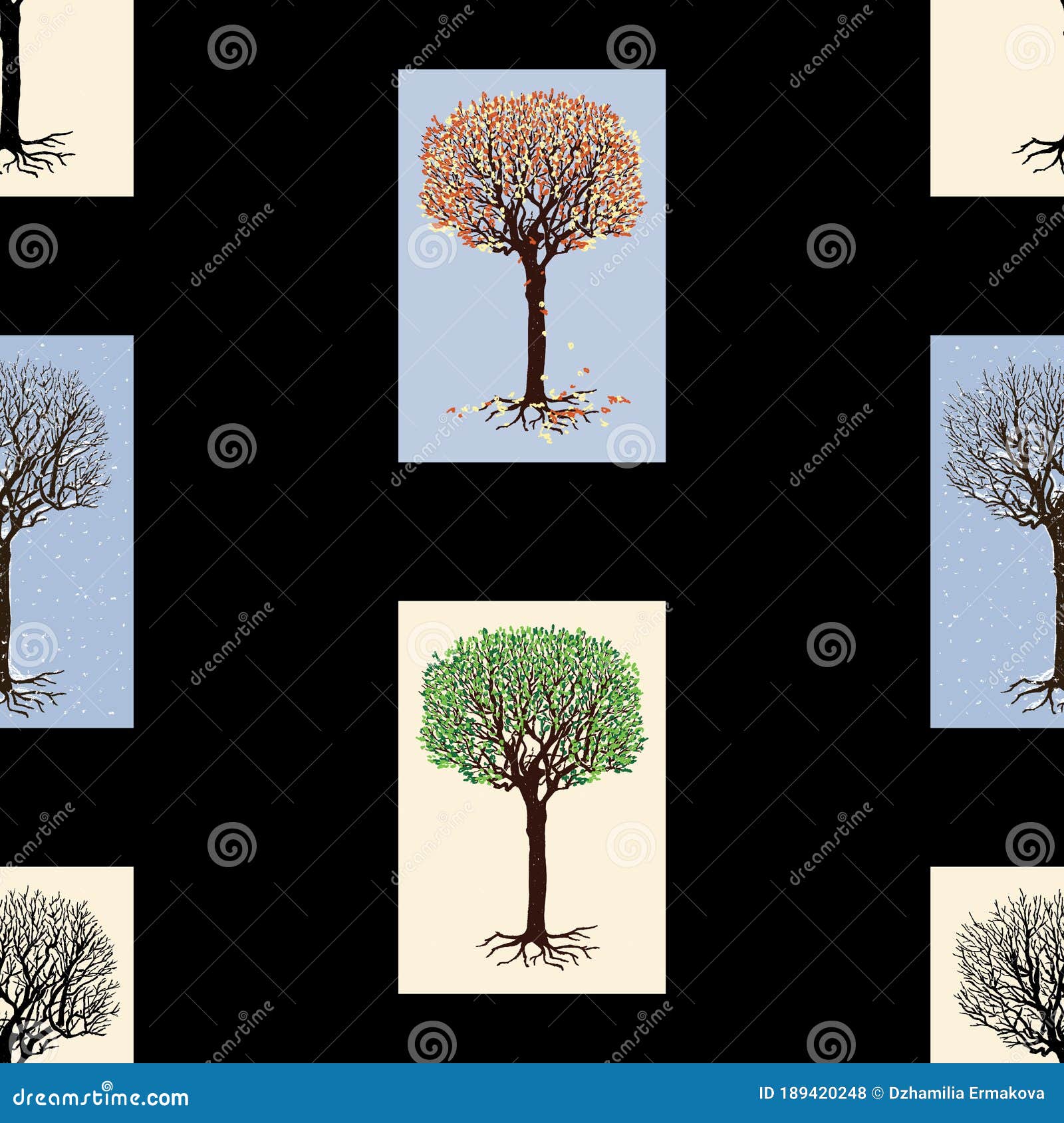 Seamless Pattern of Deciduous Trees in Different Seasons Stock Vector ...