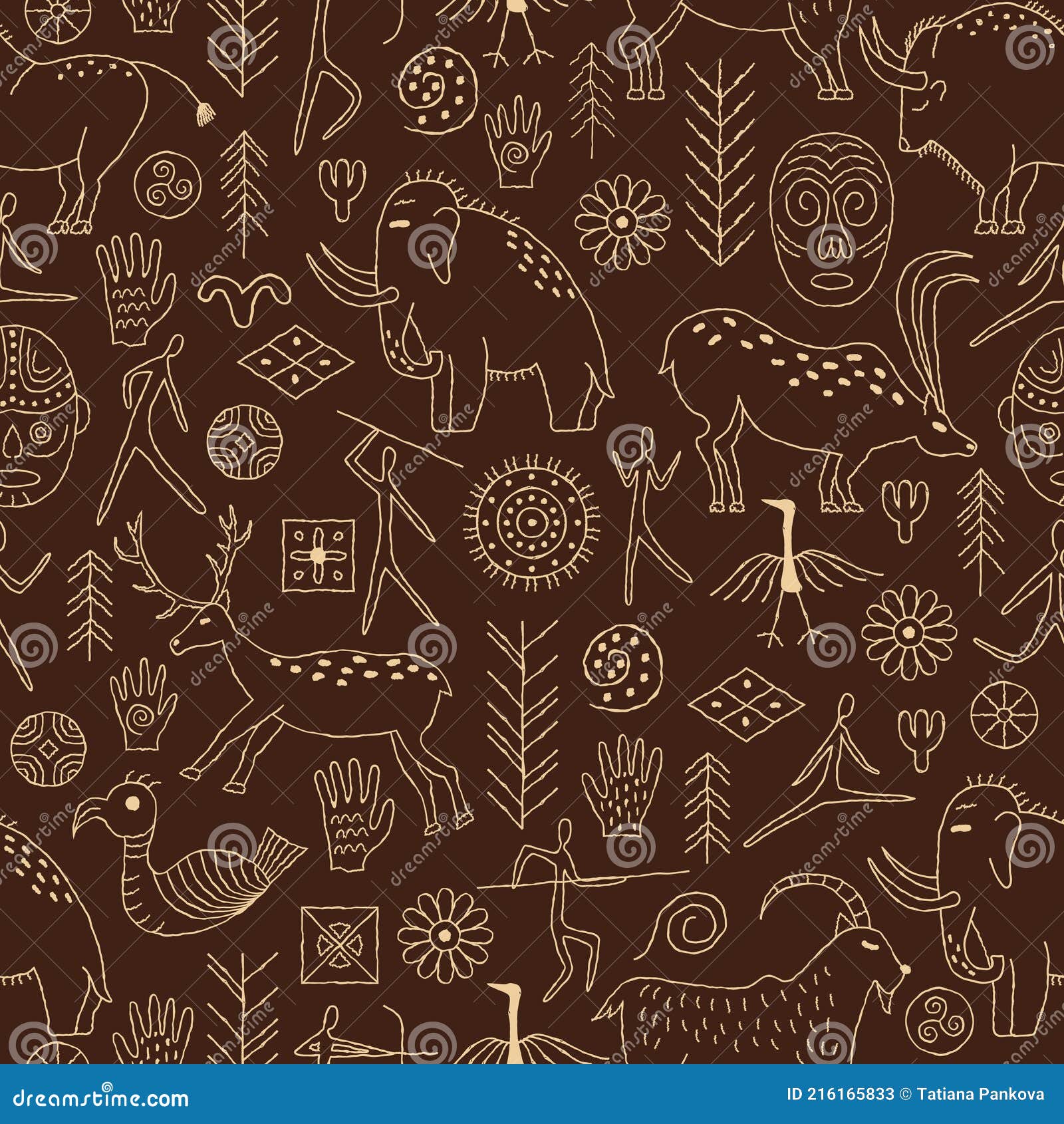 Seamless Pattern with Decorative Elements and Man from Rock Art ...
