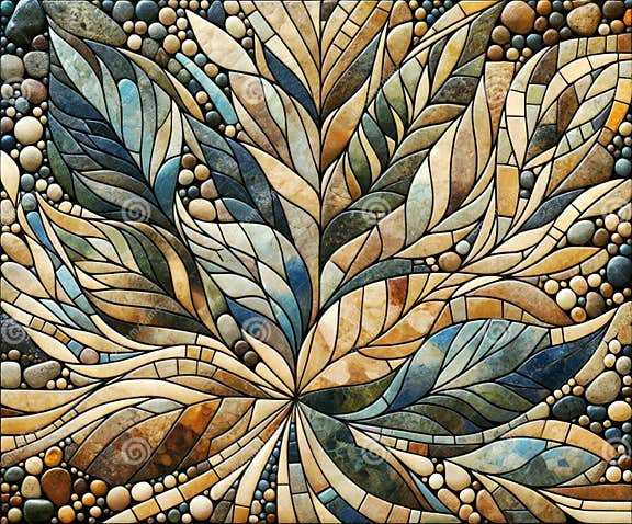 Nature Inspired Mosaic with Leaves, Branches, and Stones Patterns Stock ...