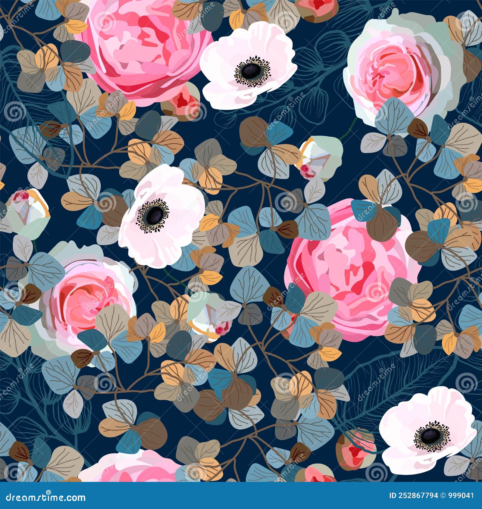 Seamless Pattern of Decorative Flowers and Leaves. Vector Stock ...