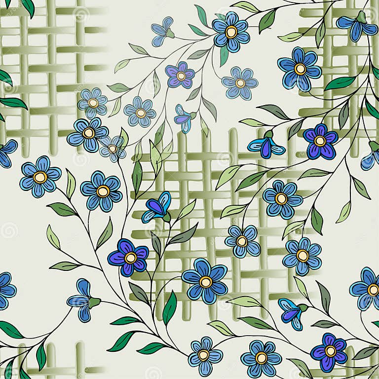 Seamless Pattern Decorative Flowers with Patch on Olive Background ...