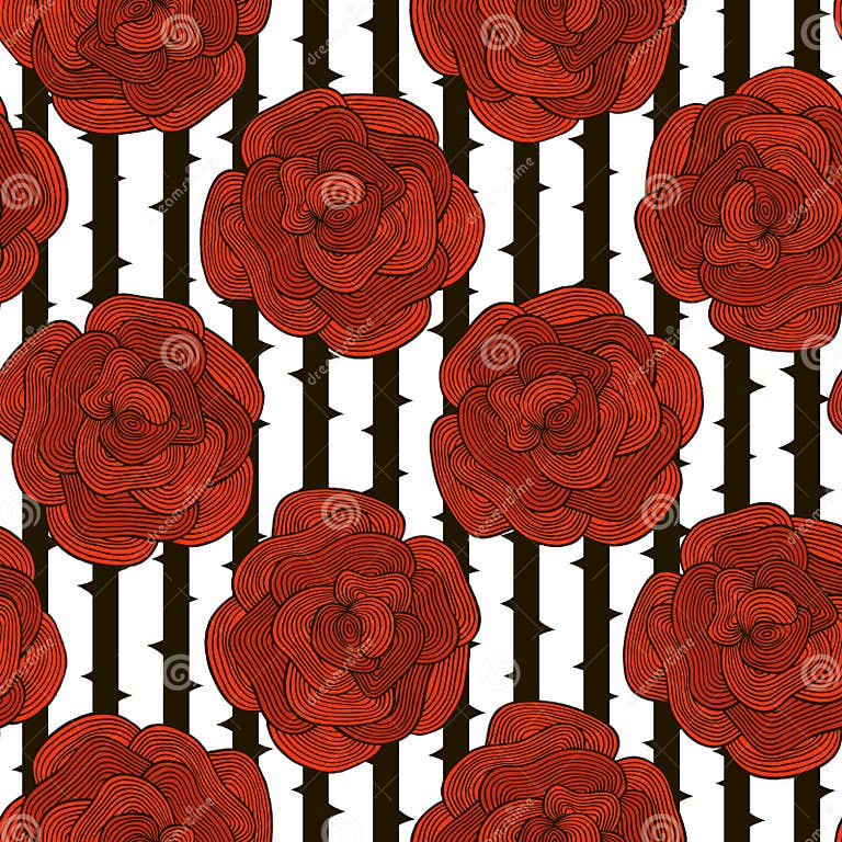 Seamless Pattern of Decorative Red Roses on a Striped Black and Stock ...