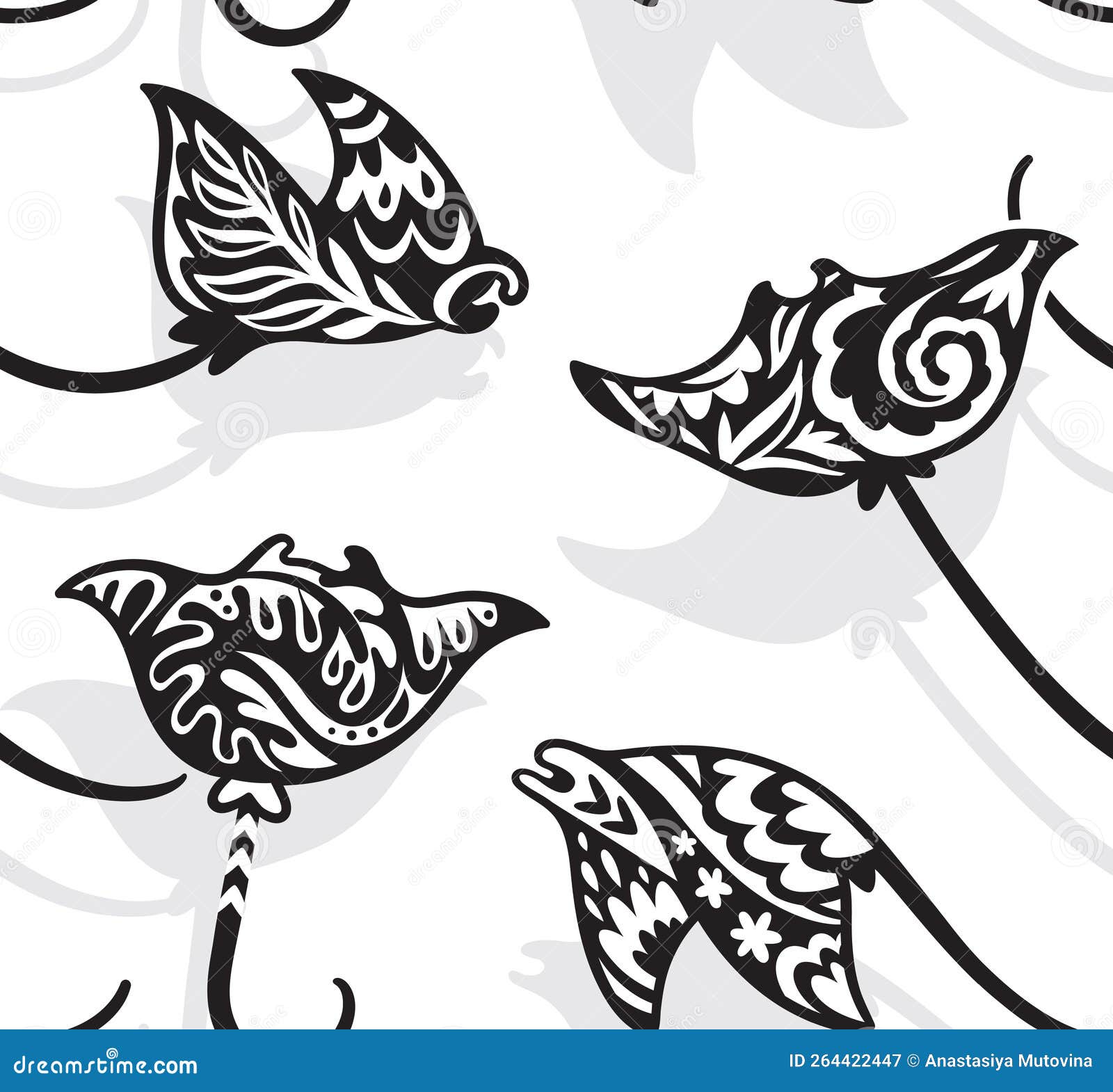 Seamless Pattern with Decorative Sting Ray or Manta Creatures in Black ...