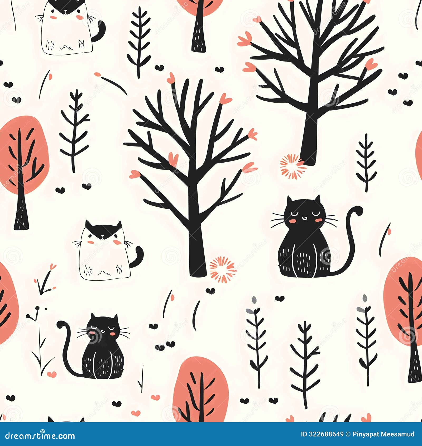 Seamless Pattern Design for Kids with Cute Cat and Tree Drawing. Stock ...