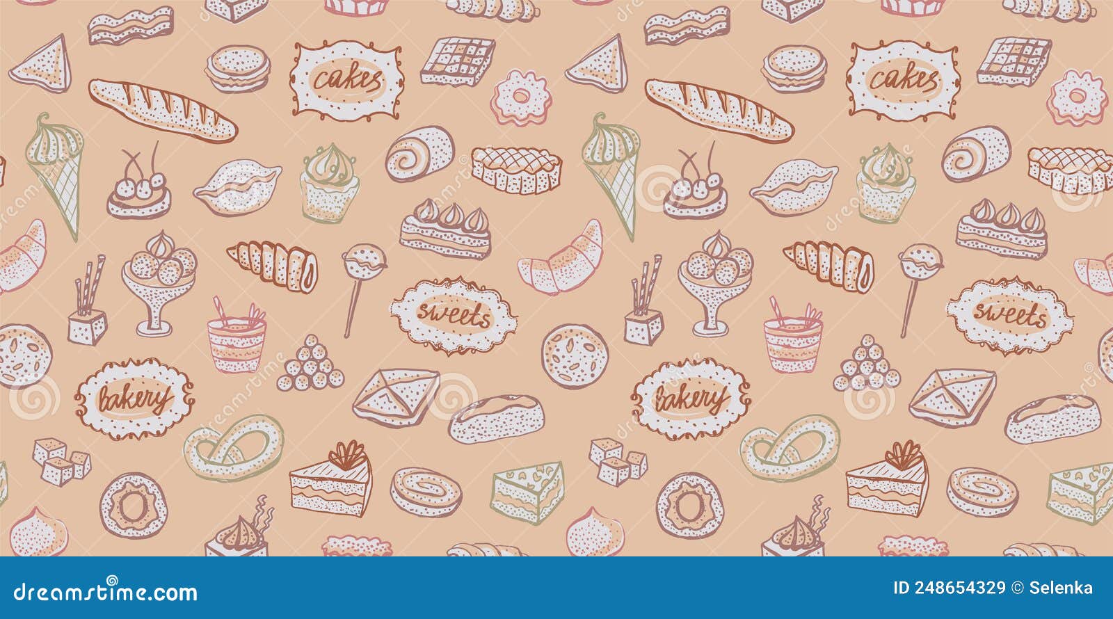 Seamless Pattern with Desserts and Baked Goods Graphic Doodle Style ...