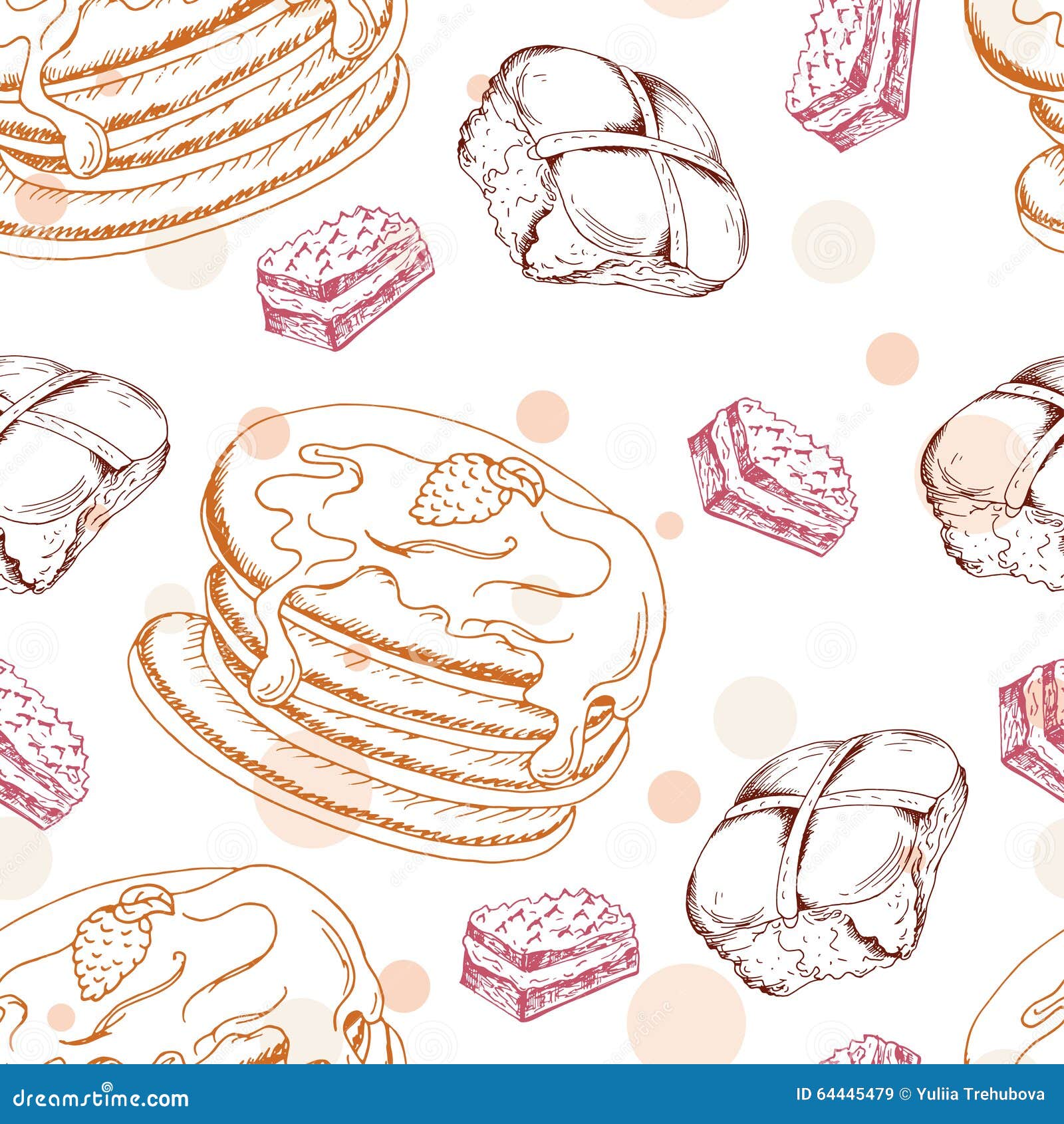 Seamless Pattern with Desserts. Hand Drawn Pancakes and Buns Stock ...
