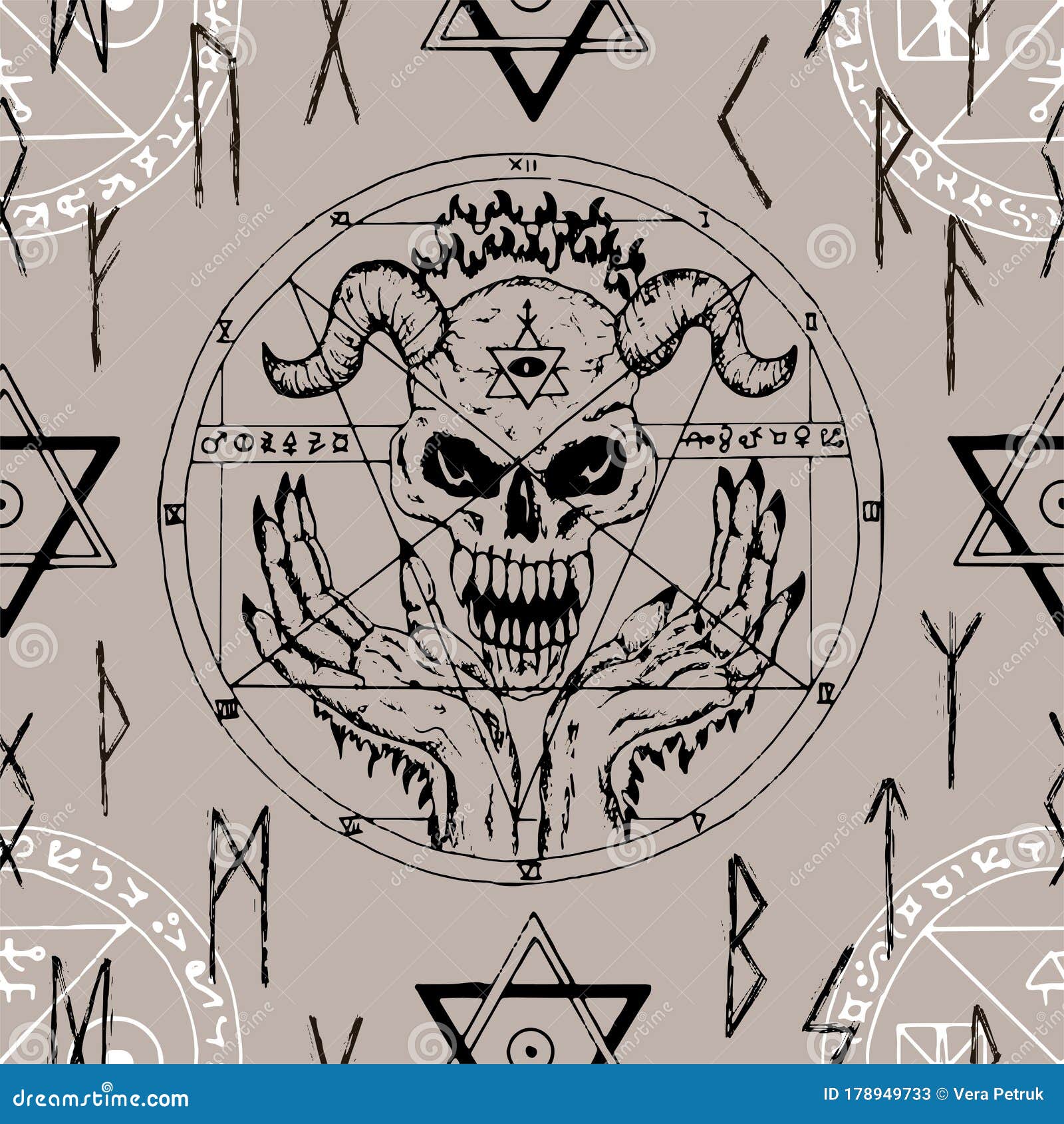 Seamless Pattern with Devil Face, Pentagram and Runes. Stock Vector ...