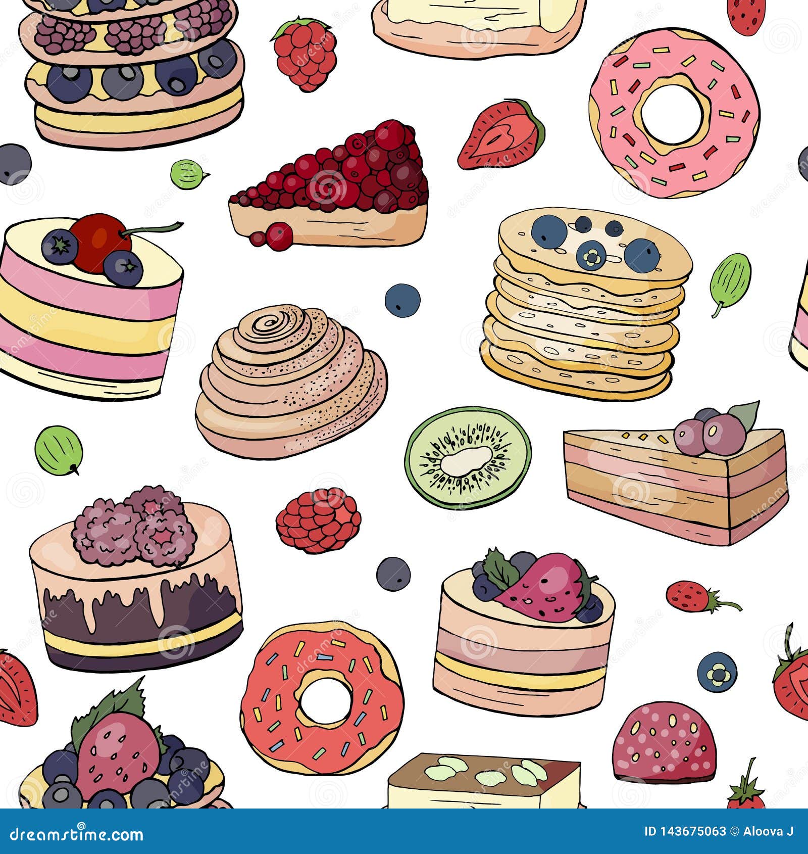 Seamless Pattern with Different Cakes and Pastry on White Background ...