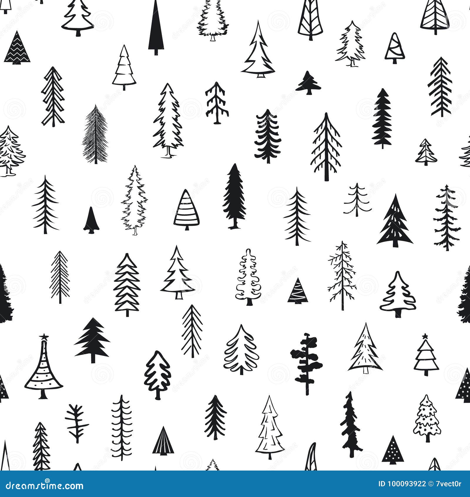 Seamless Pattern with Different Conifer Pine Fir Doodle Xmas Trees ...