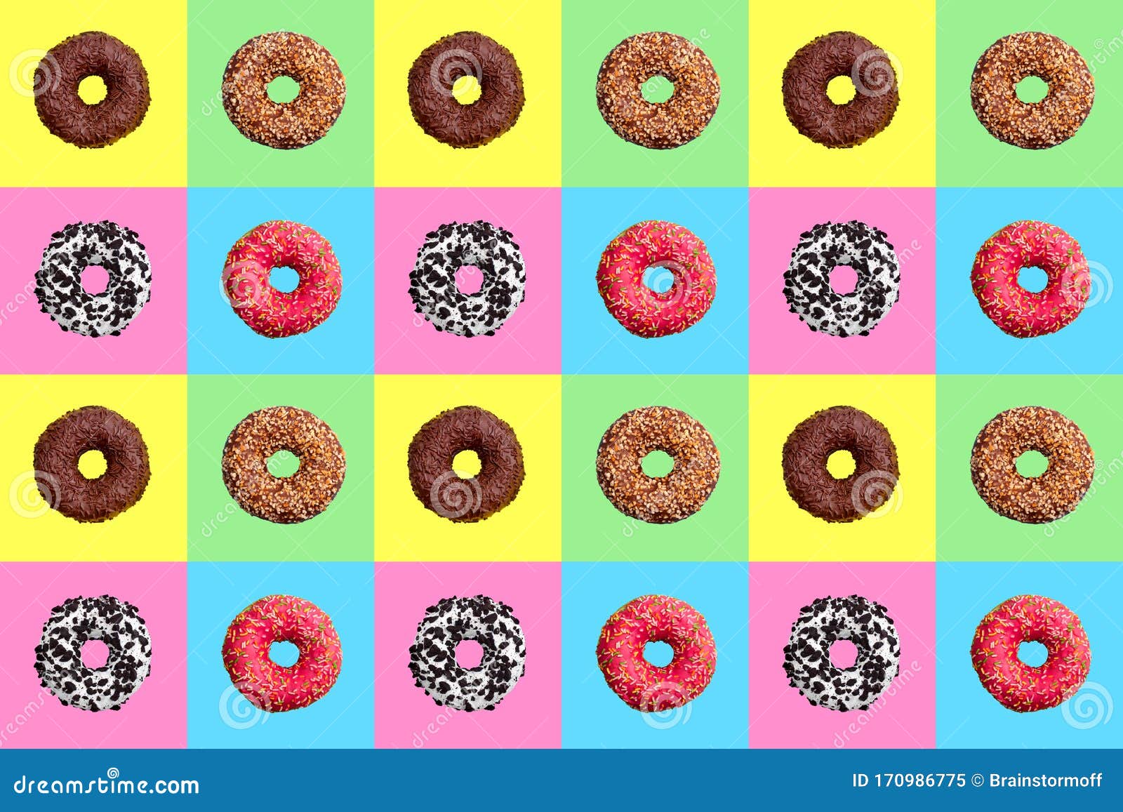 Seamless Pattern of Different Donuts on Bright Checkered Multi-colored ...