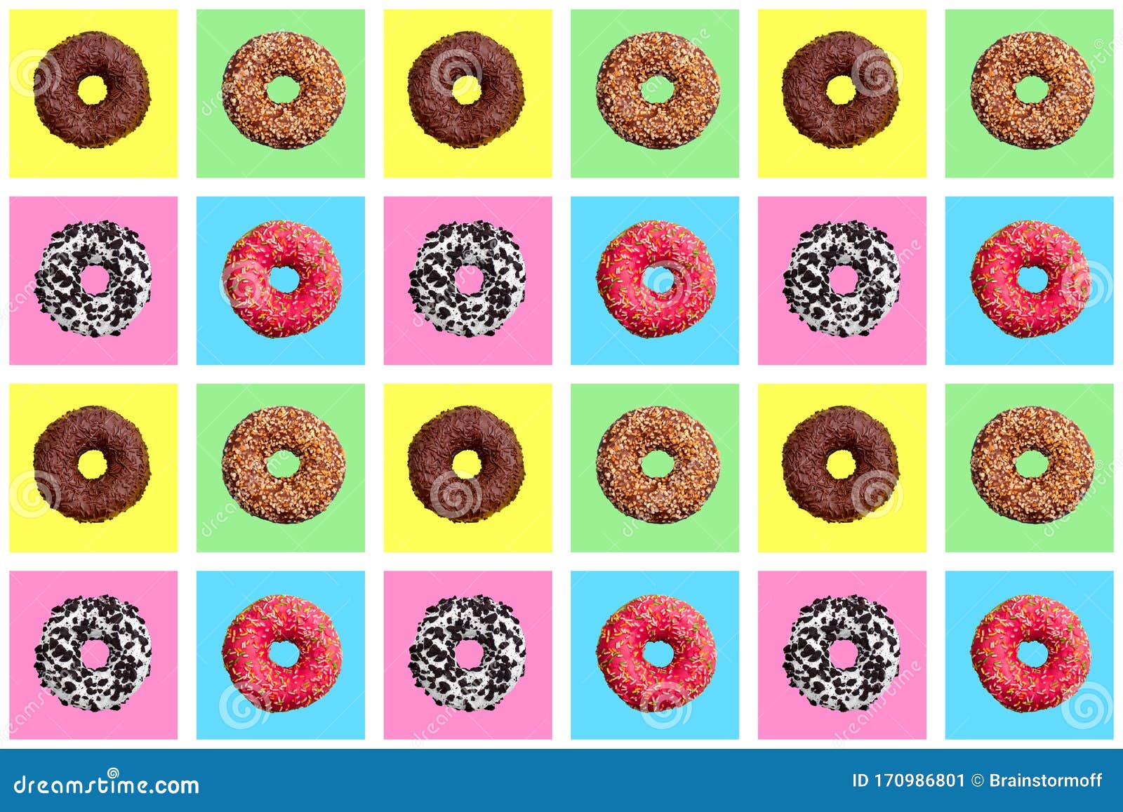 Seamless Pattern of Different Donuts on Bright Checkered Multi-colored ...