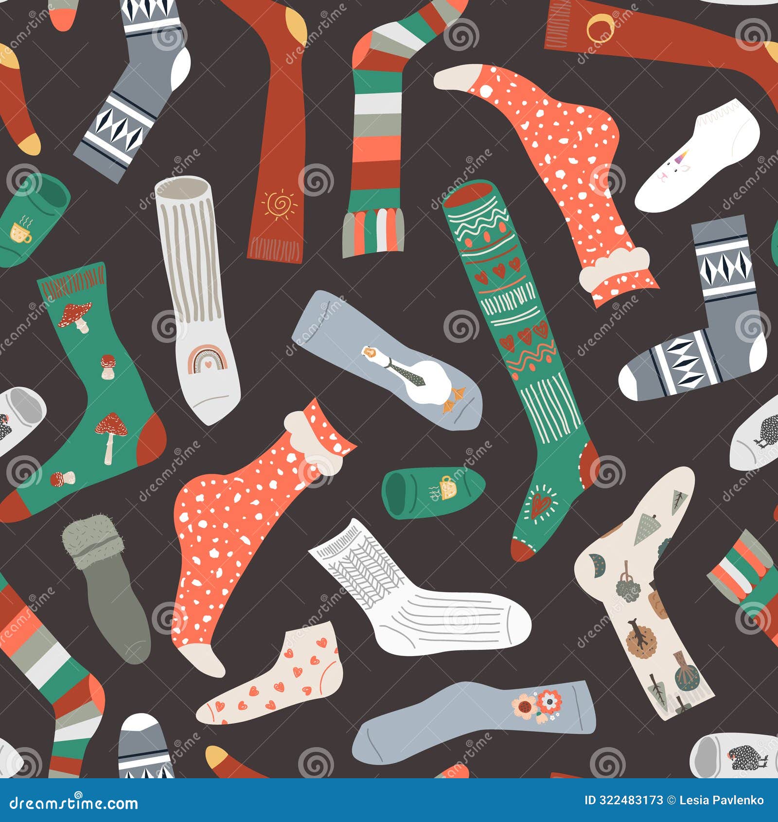 Seamless Pattern with Different Doodle Hand Drawn Socks on Dark ...