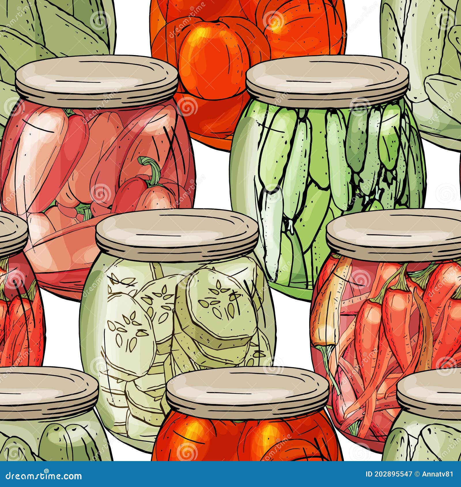 Seamless Pattern with Different Glass Jars with Vegetables. Endless ...