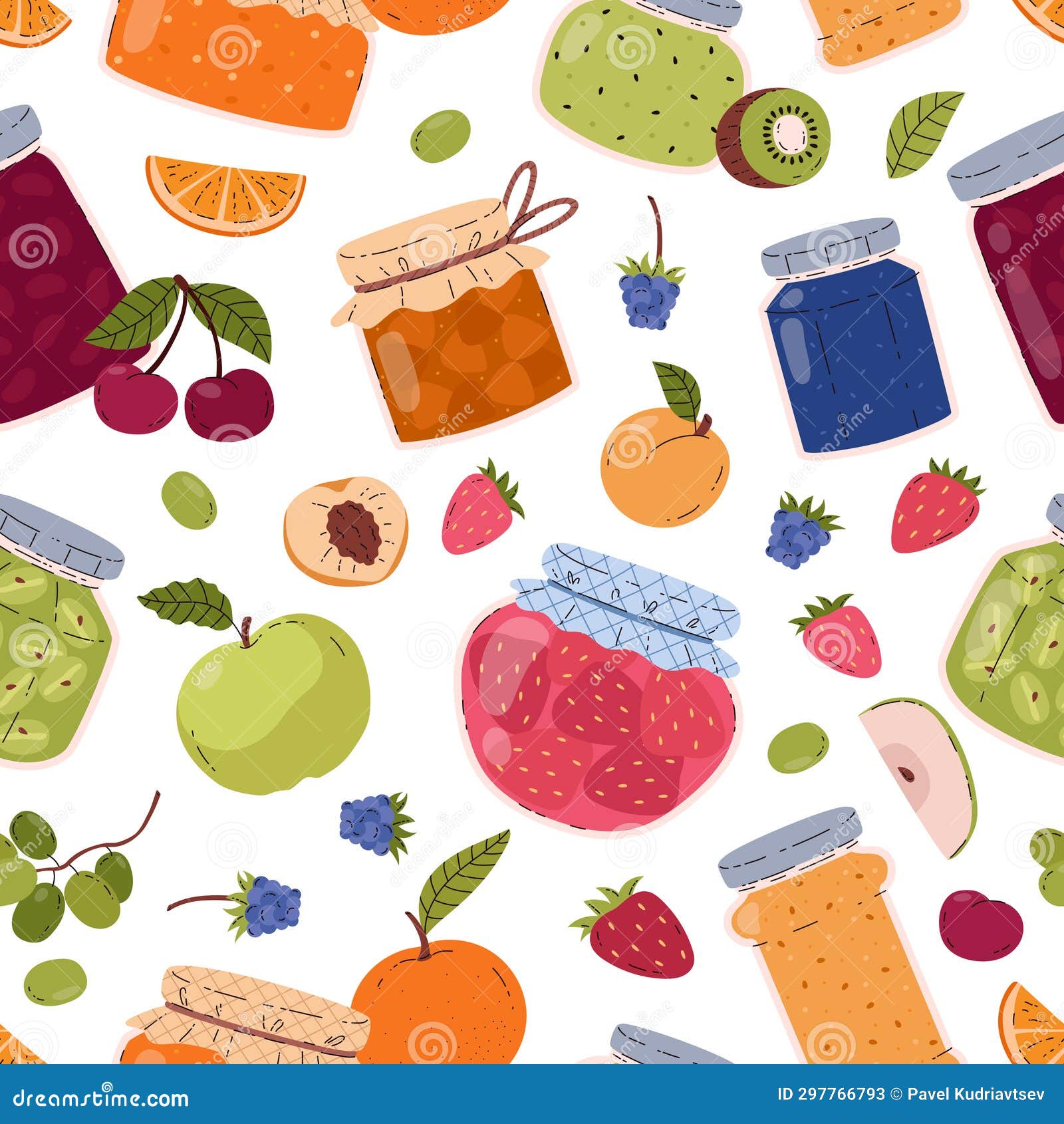 Seamless Pattern with Different Jars of Jam, Fruits and Berries Stock ...