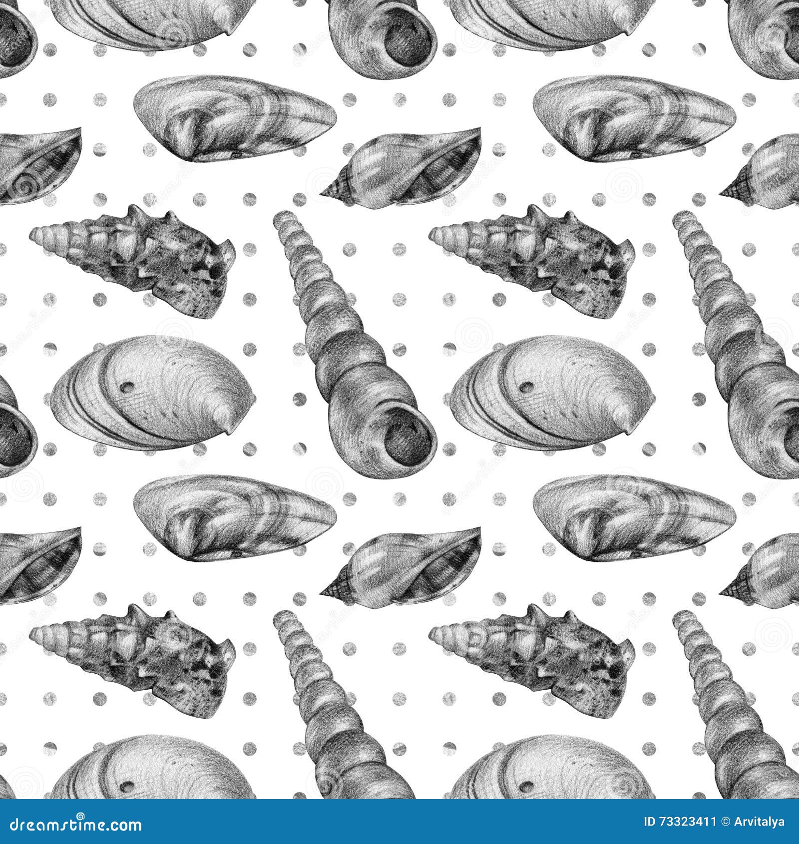 Seamless Pattern with Different Seashells Drawn by Hand Stock ...