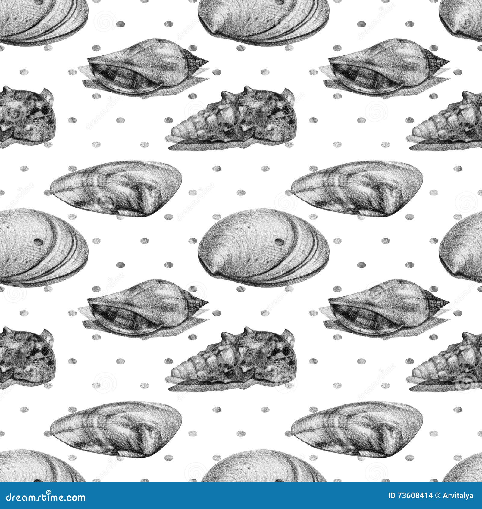 Seamless Pattern with Different Seashells Drawn by Hand Stock ...