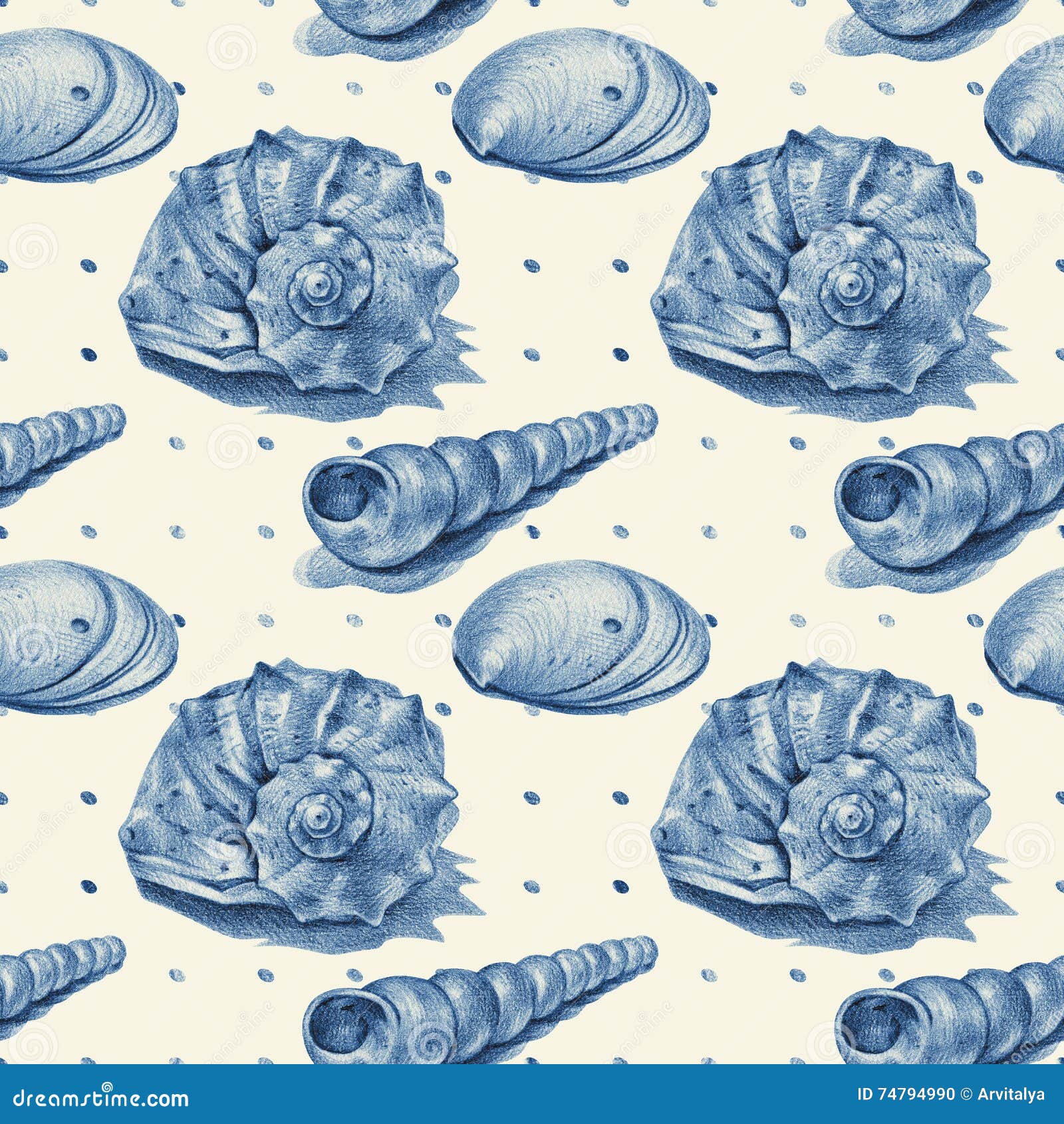 Seamless Pattern with Different Seashells Drawn by Hand Stock ...