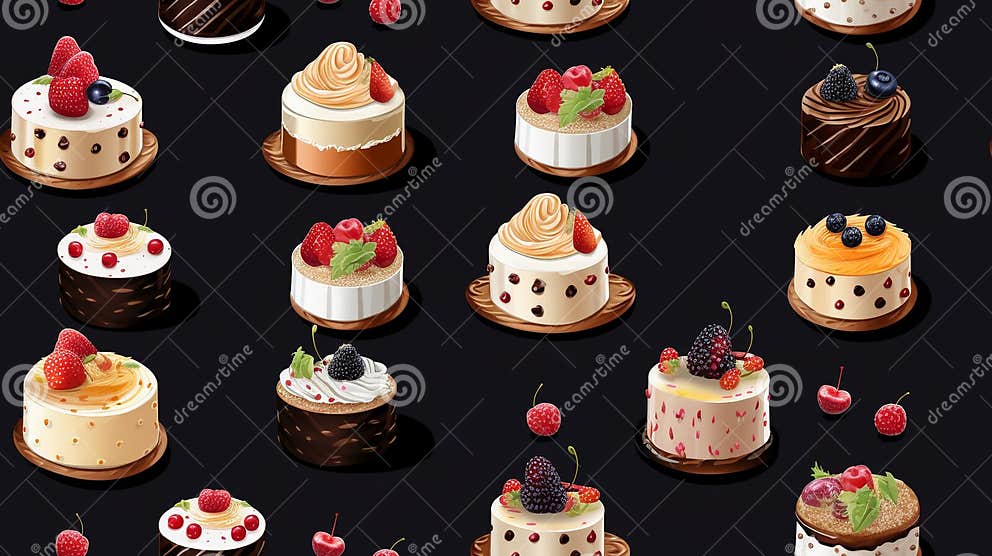 Seamless Pattern with Different Types of Cakes on Black Background ...