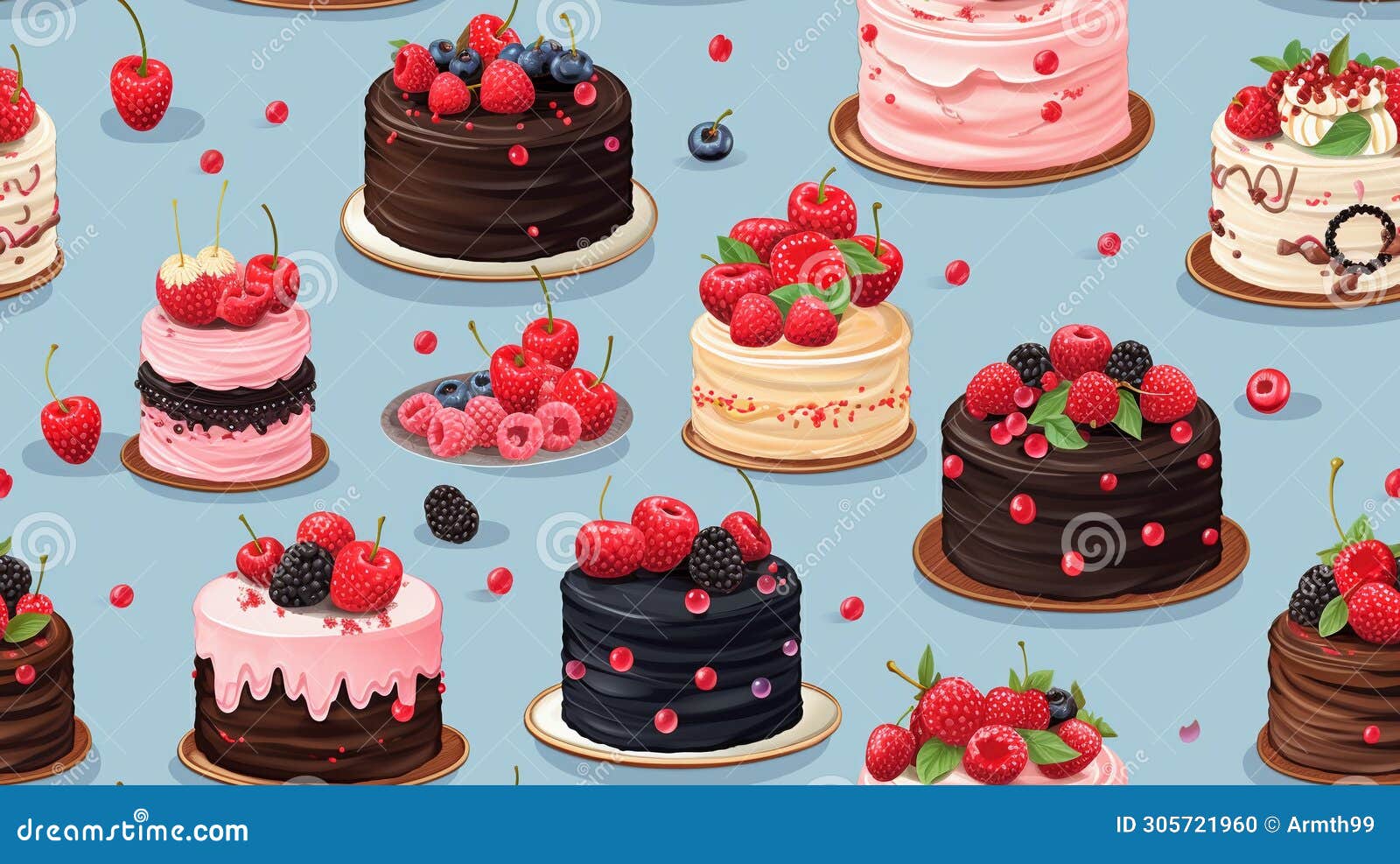 Different Types of Cakes on Blue Background Stock Illustration ...